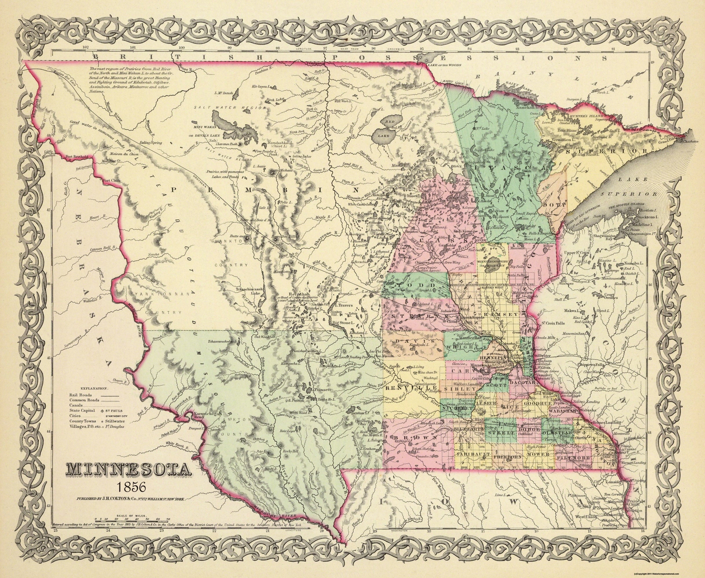 Historic State Map - Minnesota - Colton 1856 - 28 x 23 - Vintage Wall ...
