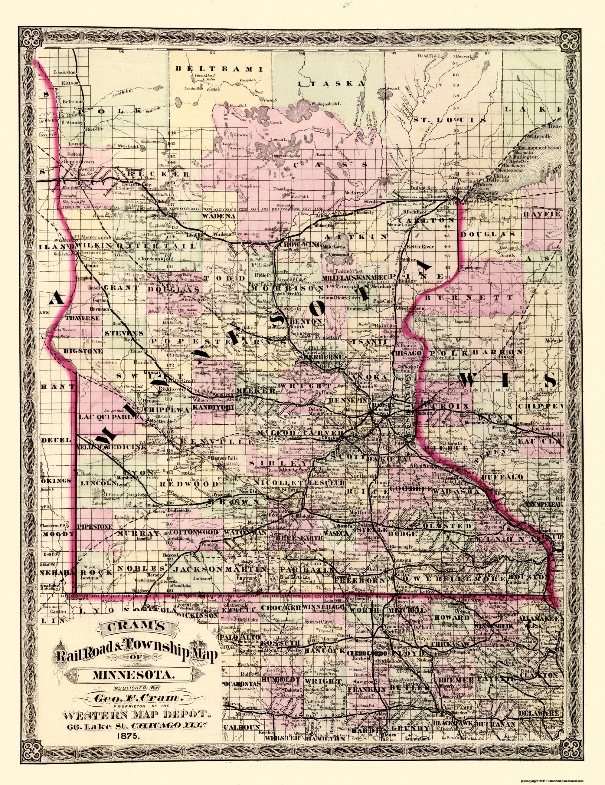 Historic State Map - Minnesota - Cram 1875 - 23 x 29.81 - Vintage Wall ...