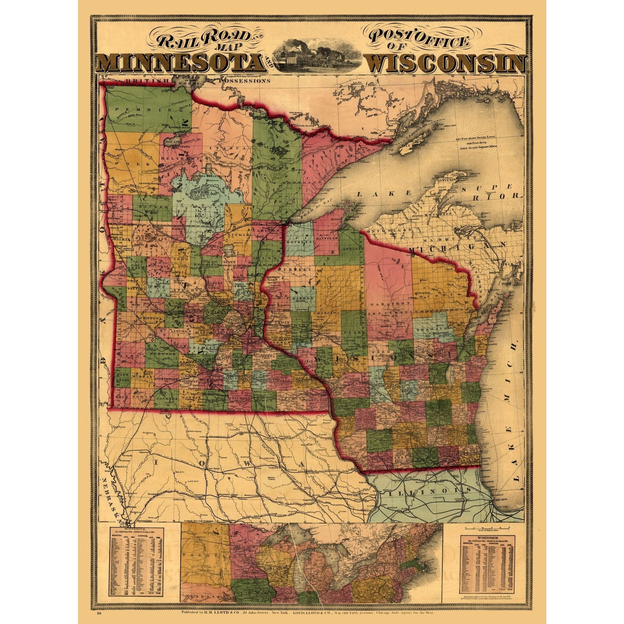 Historic State Map - Minnesota Wisconsin - Lloyd 1871 - 23 x 30.64 ...