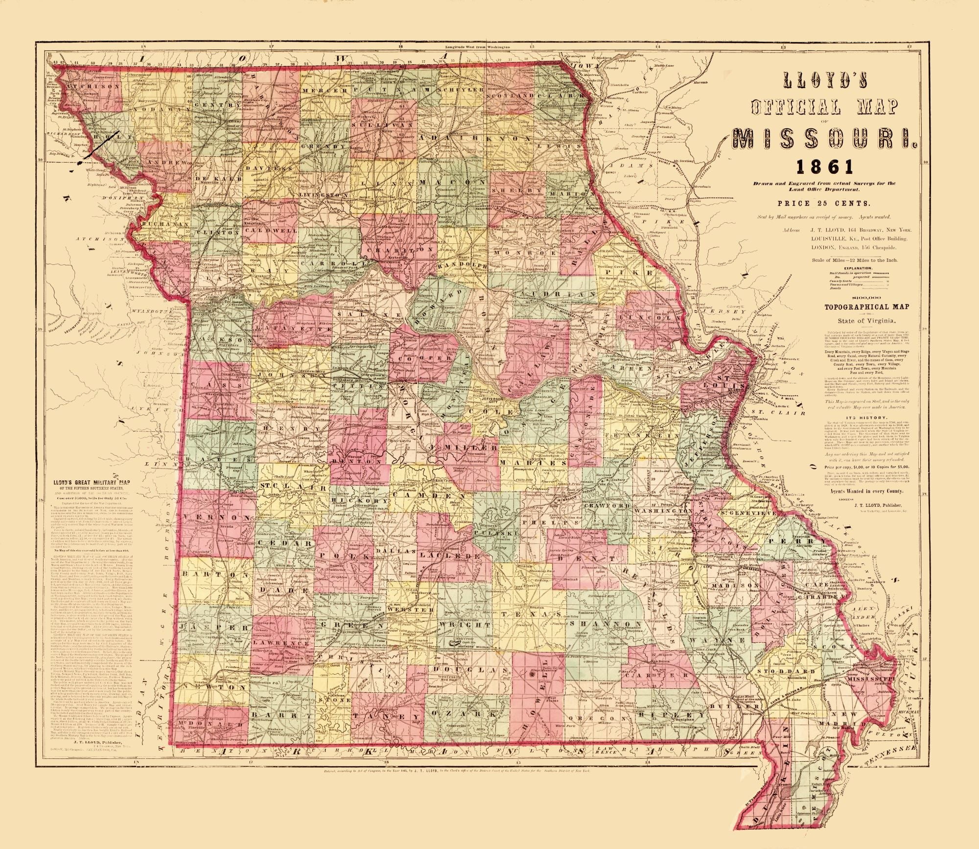 Historic State Map - Missouri - Lloyd 1861 - 26.53 x 23 - Vintage Wall ...