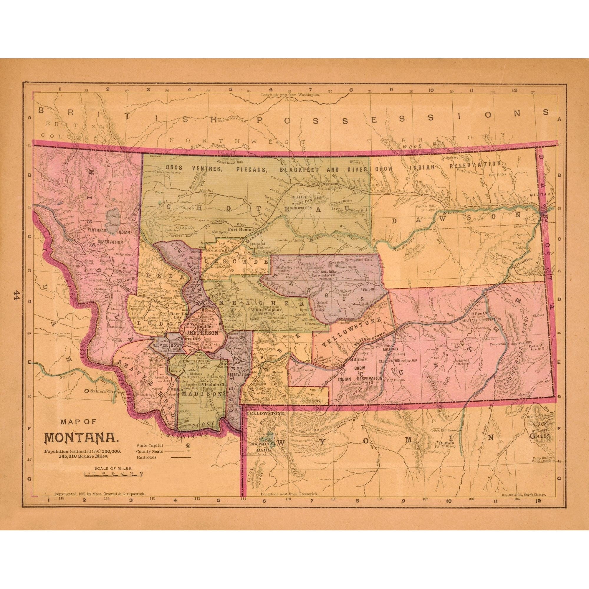 Historic State Map - Montana - Crowell 1890 - 28.70 x 23 - Vintage Wall ...