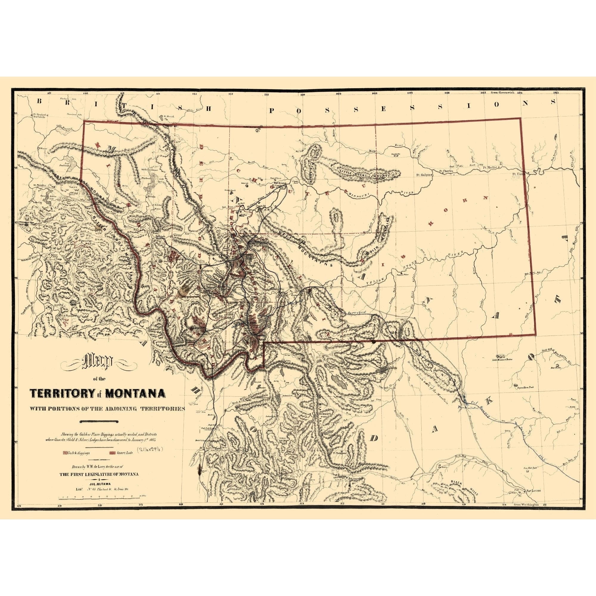 Historic State Map - Montana - de Lacy 1865 - 30.95 x 23 - Vintage Wall ...