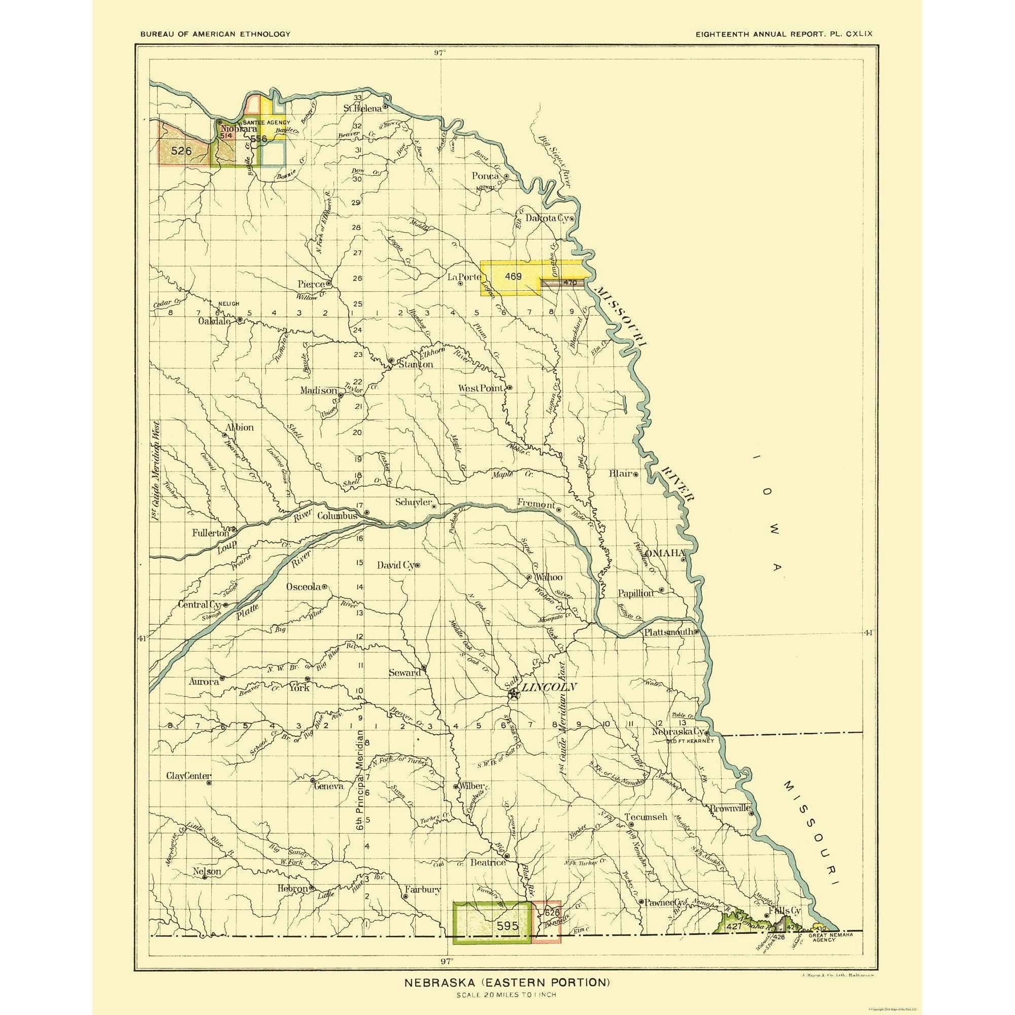 Historic State Map - Nebraska Eastern - Hoen 1896 - Vintage Wall Art ...