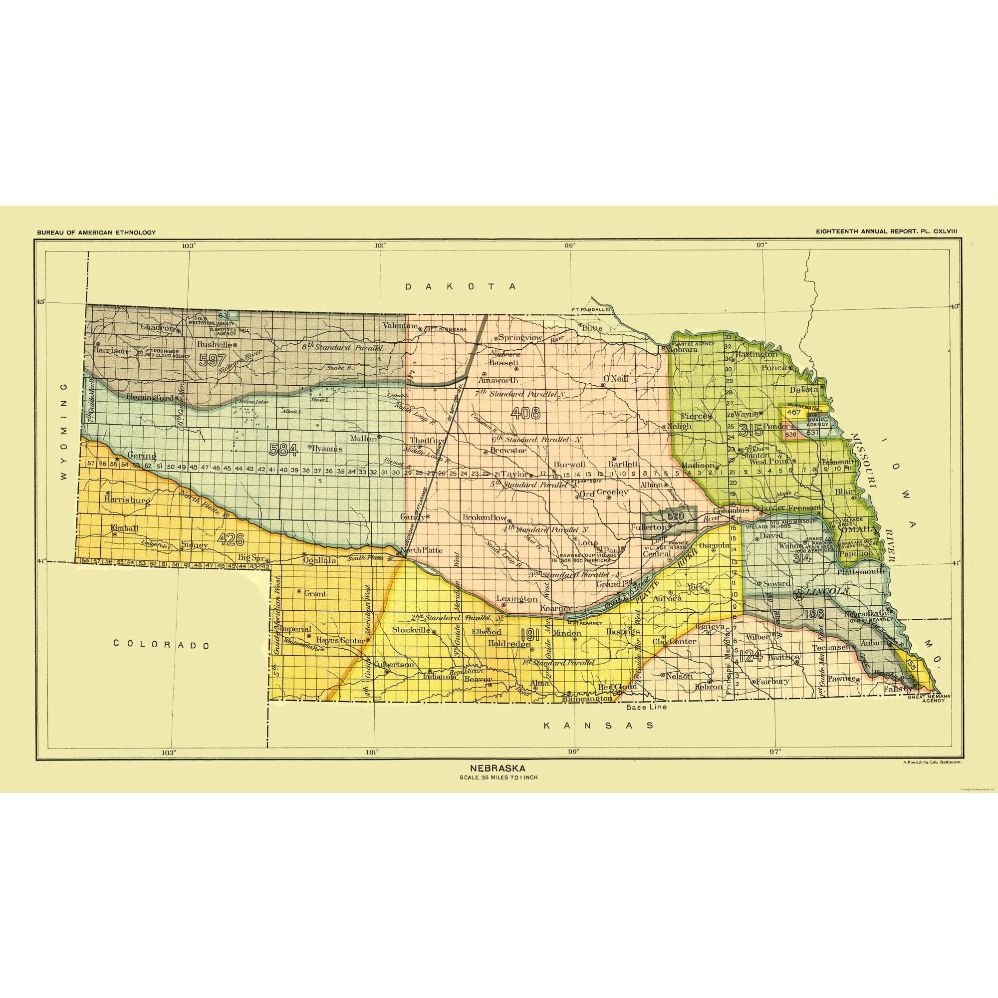 Historic State Map - Nebraska - Hoen 1896 - 39.07 x 23 - Vintage Wall ...