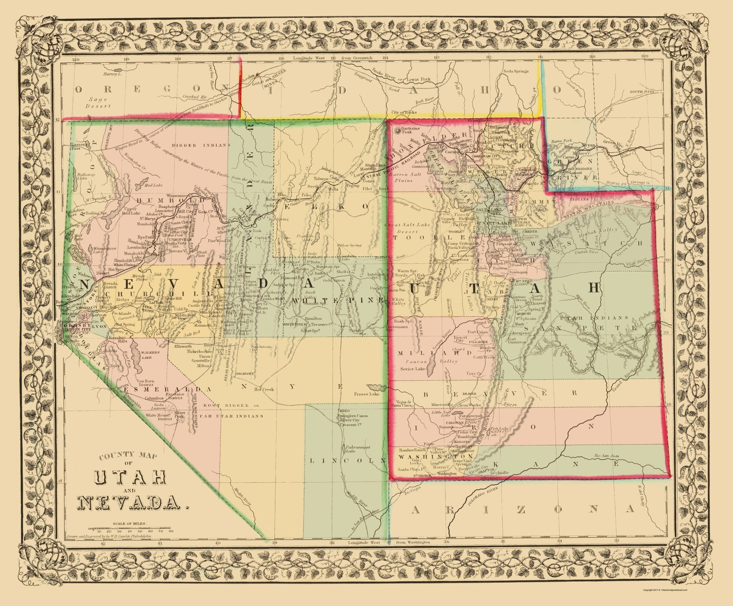 Historic State Map - Nevada Utah - Mitchell 1870 - 23 x 27.79 - Vintage ...