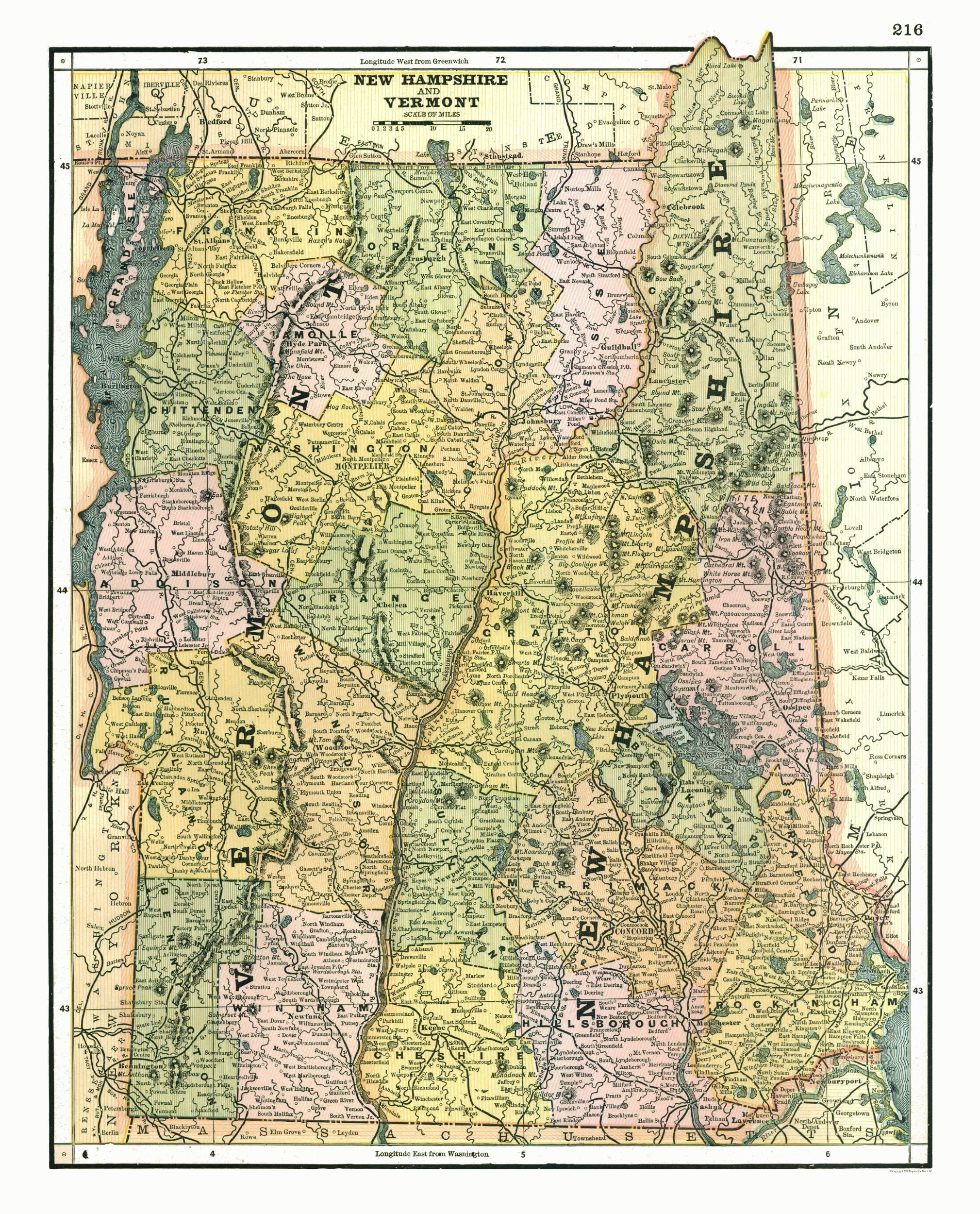 Historic State Map - New Hampshire Vermont - Johnson 1888 - 23 x 28.48 ...