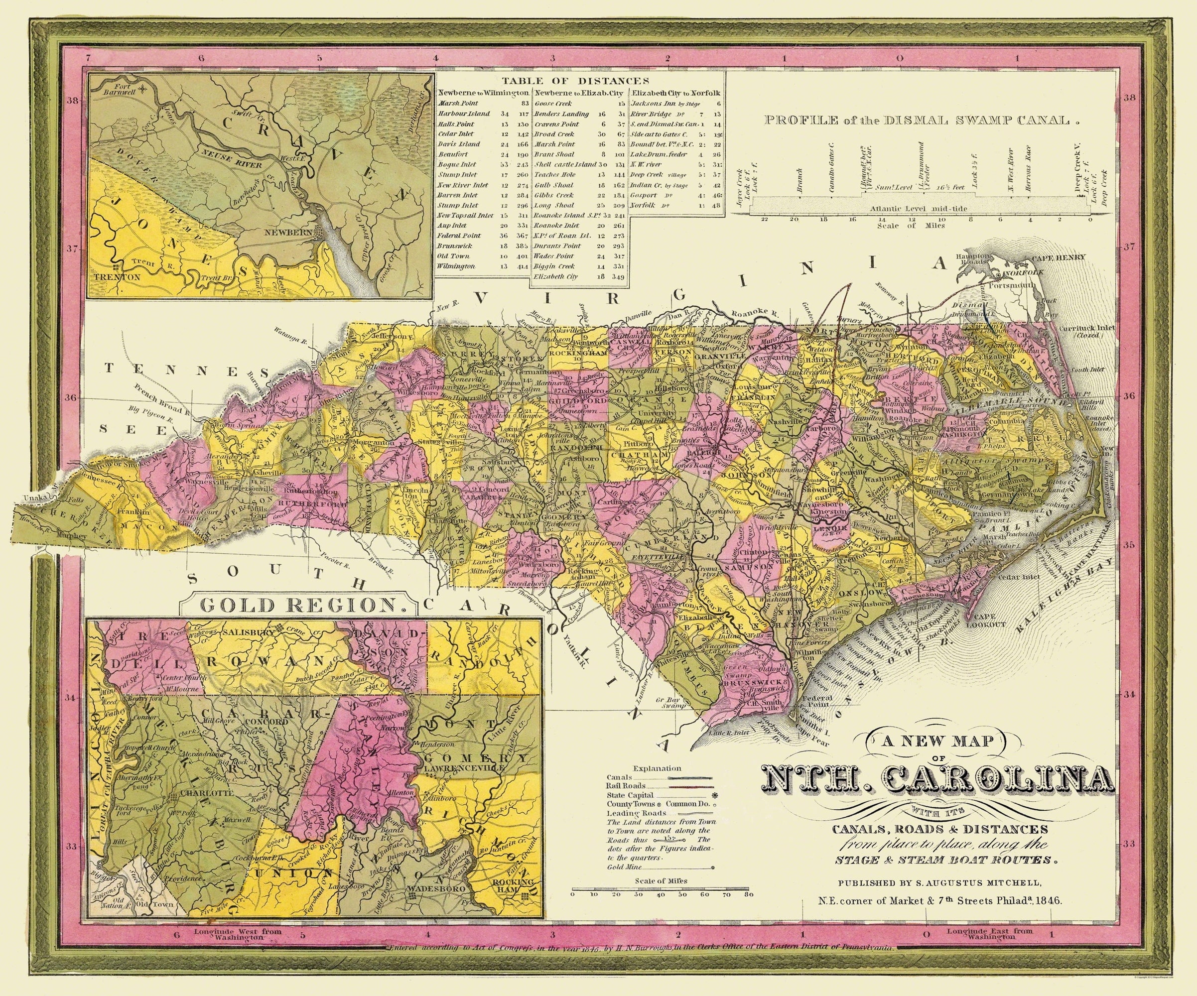 Historic State Map - North Carolina - Mitchell 1846 - Vintage Wall Art ...