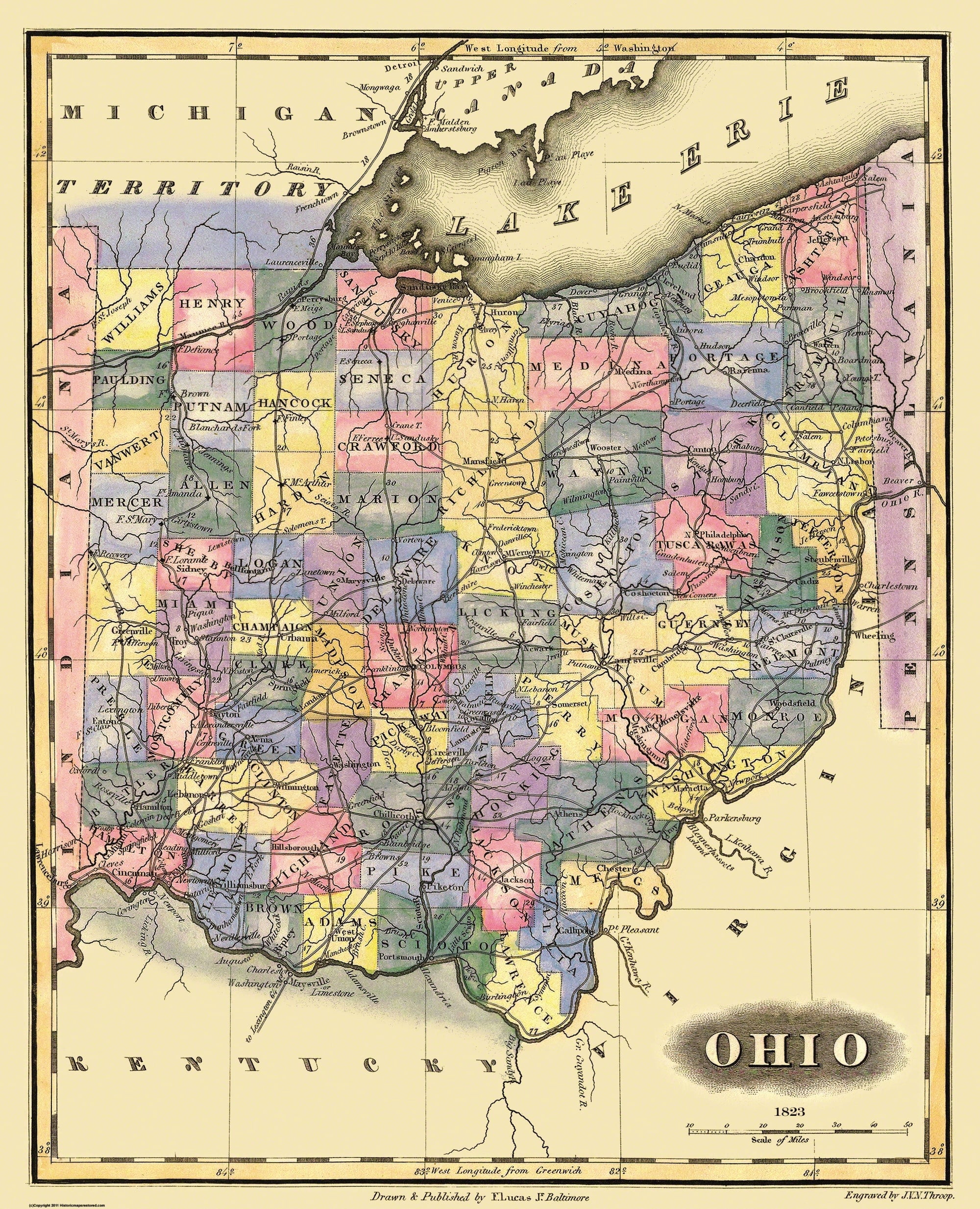 Historic State Map - Ohio - Lucas 1823 - Vintage Wall Art - Walmart.com