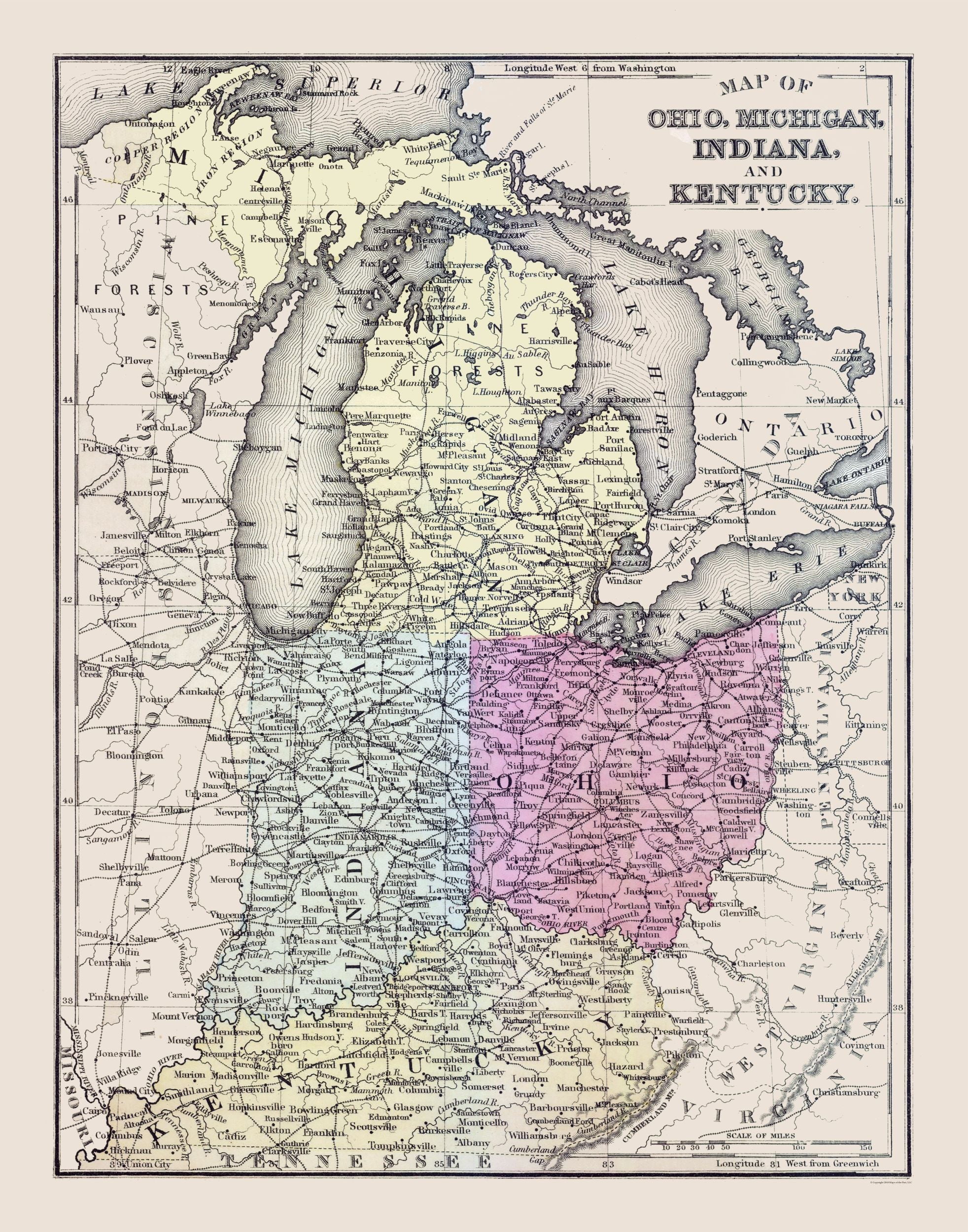 Historic State Map - Ohio Michigan Indiana Kentucky - Mitchell 1877 ...