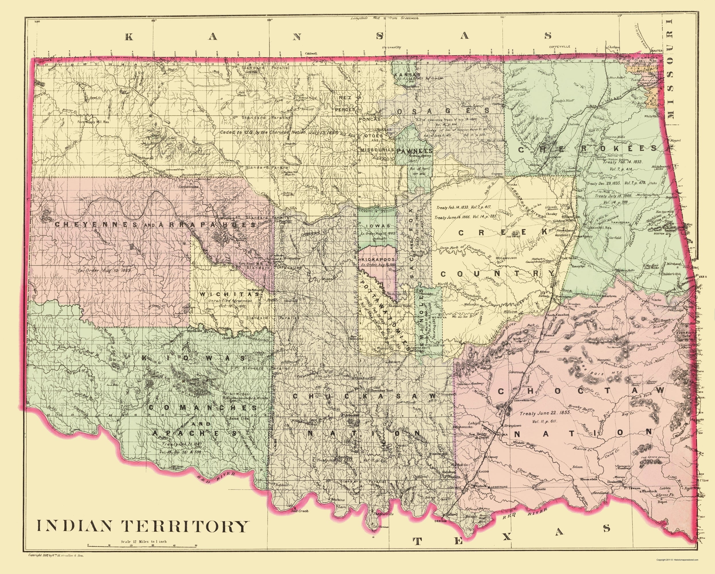 Historic State Map - Oklahoma Indian Territory - Bradley 1887 - 23 x 28 ...