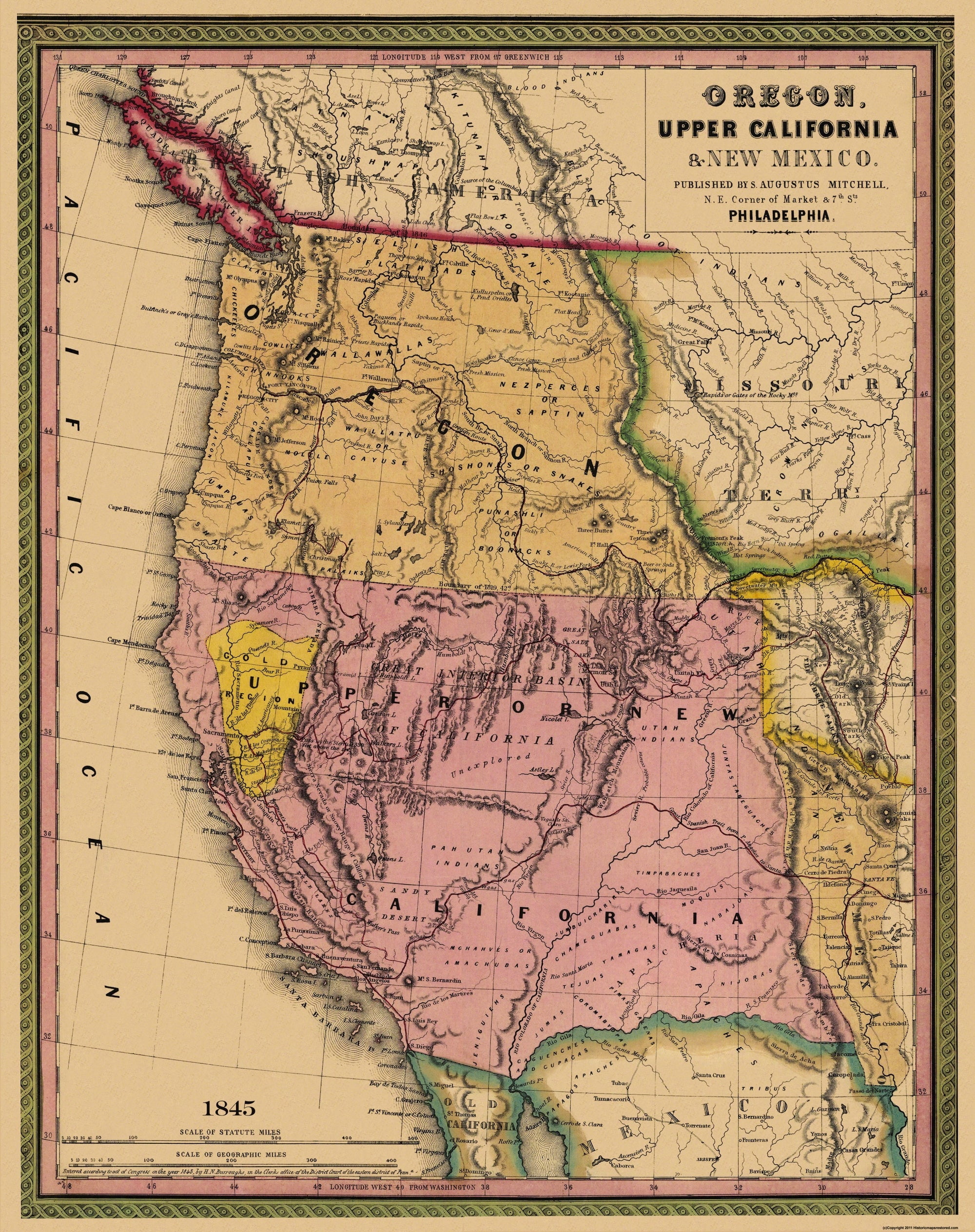Historic State Map - Oregon Upper California - Mitchell 1845 - 23 x 29. ...