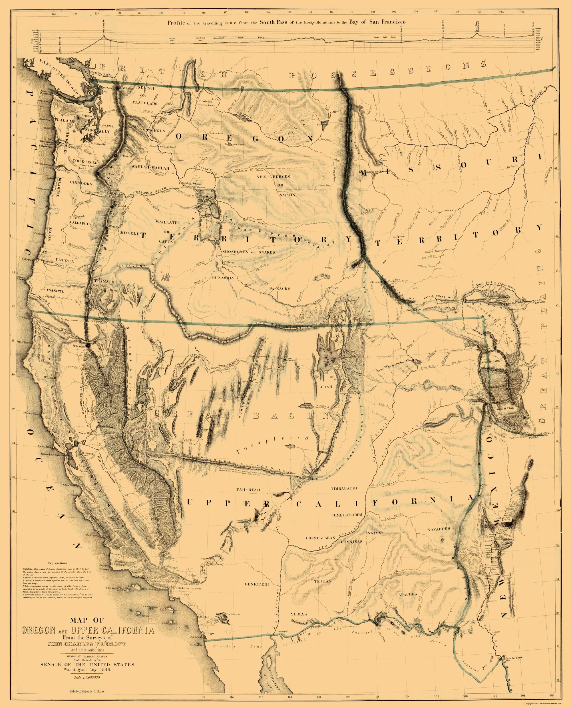 Historic State Map - Oregon Upper California Territories - Preuss 1848 ...