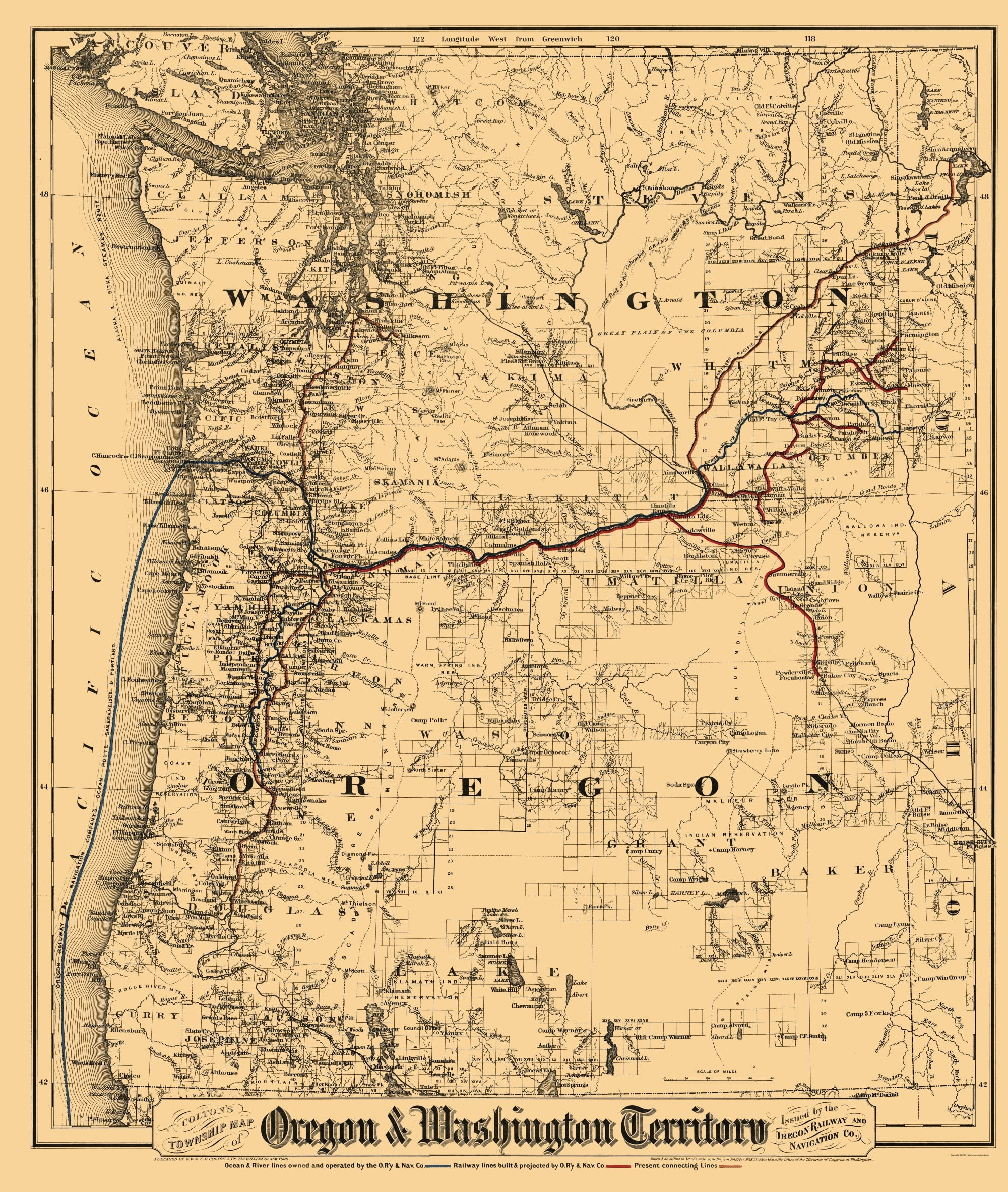 Historic State Map - Oregon Washington - Colton 1880 - 23 x 27.20 ...