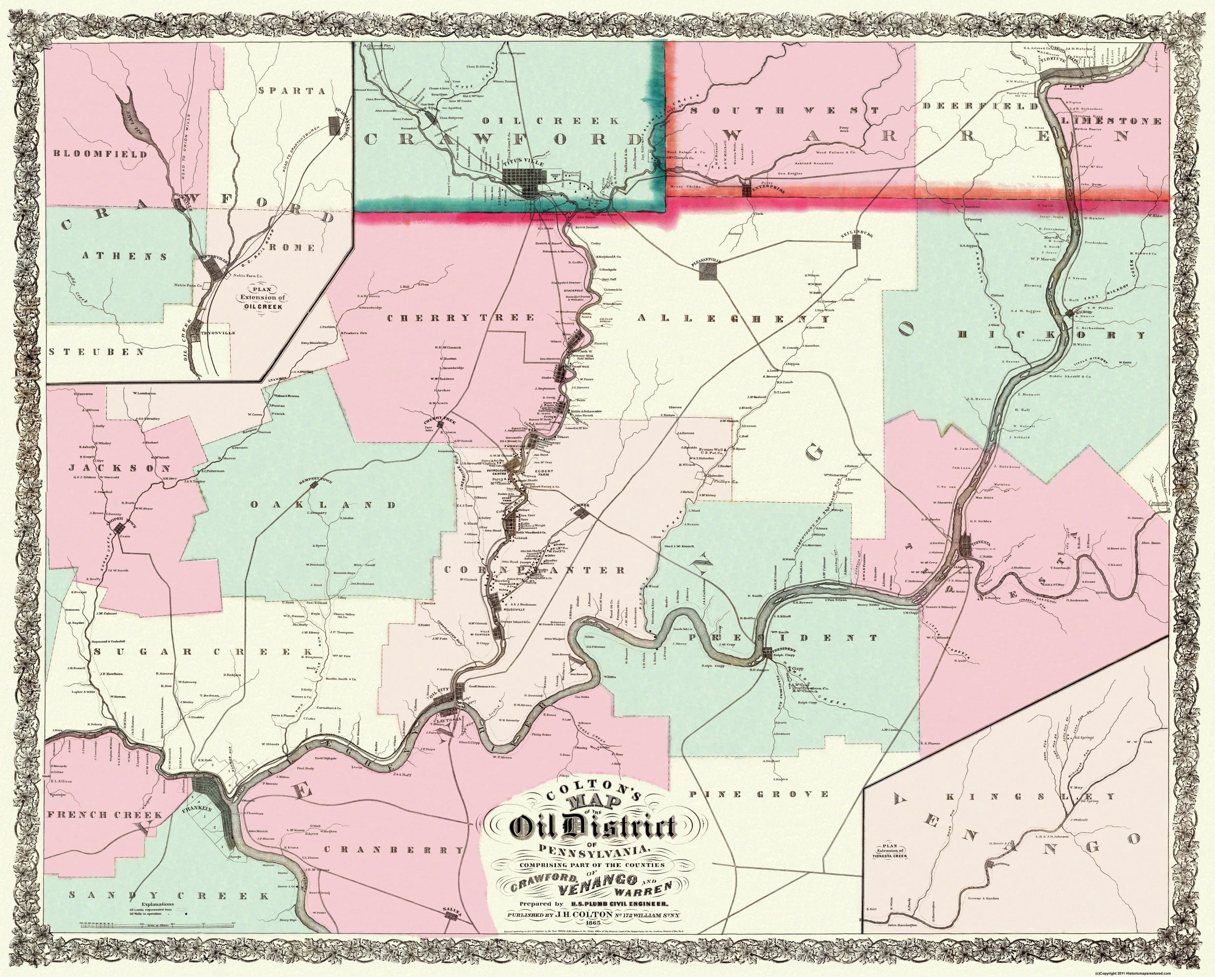 Historic State Map - Pennsylvania County Oil Districts - Colton 1865 ...