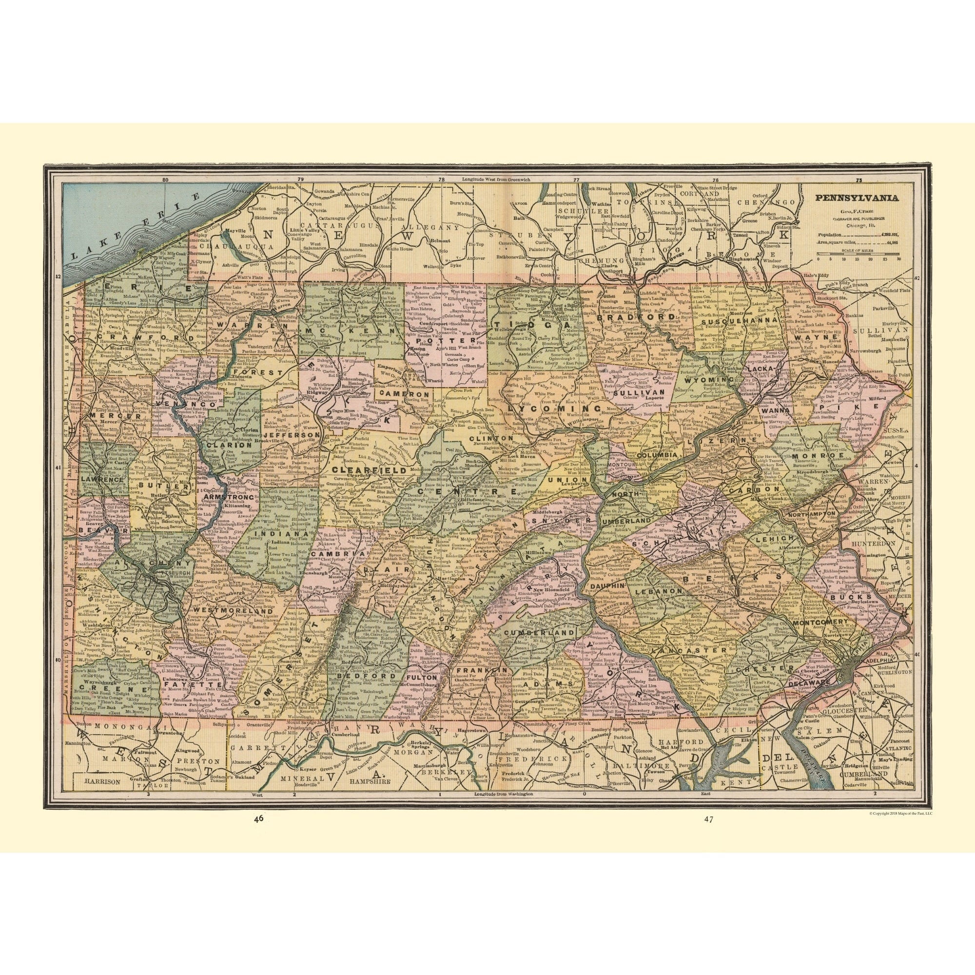 Historic State Map - Pennsylvania - Cram 1888 - 30.73 x 23 - Vintage ...