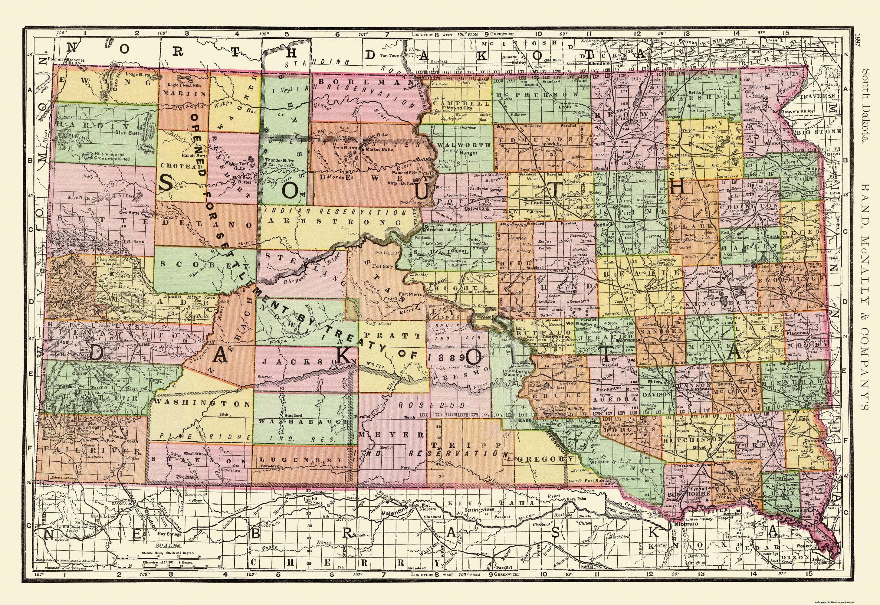 Historic State Map - South Dakota - Rand McNally 1897 - 33.44 x 23 ...