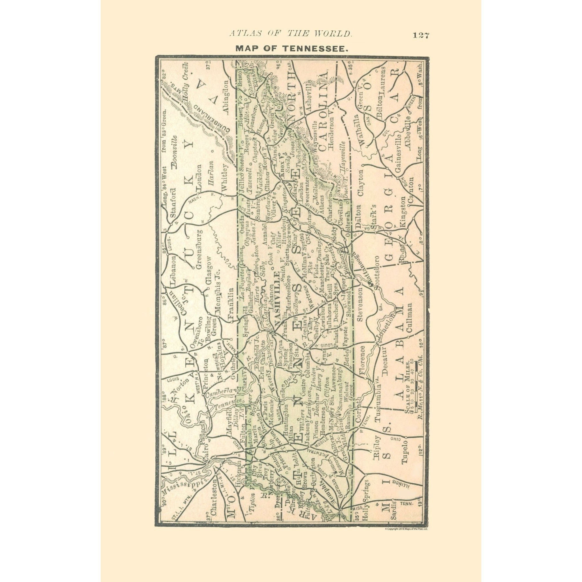 Historic State Map - Tennessee - Alden 1886 - 23 x 35.16 - Vintage Wall ...