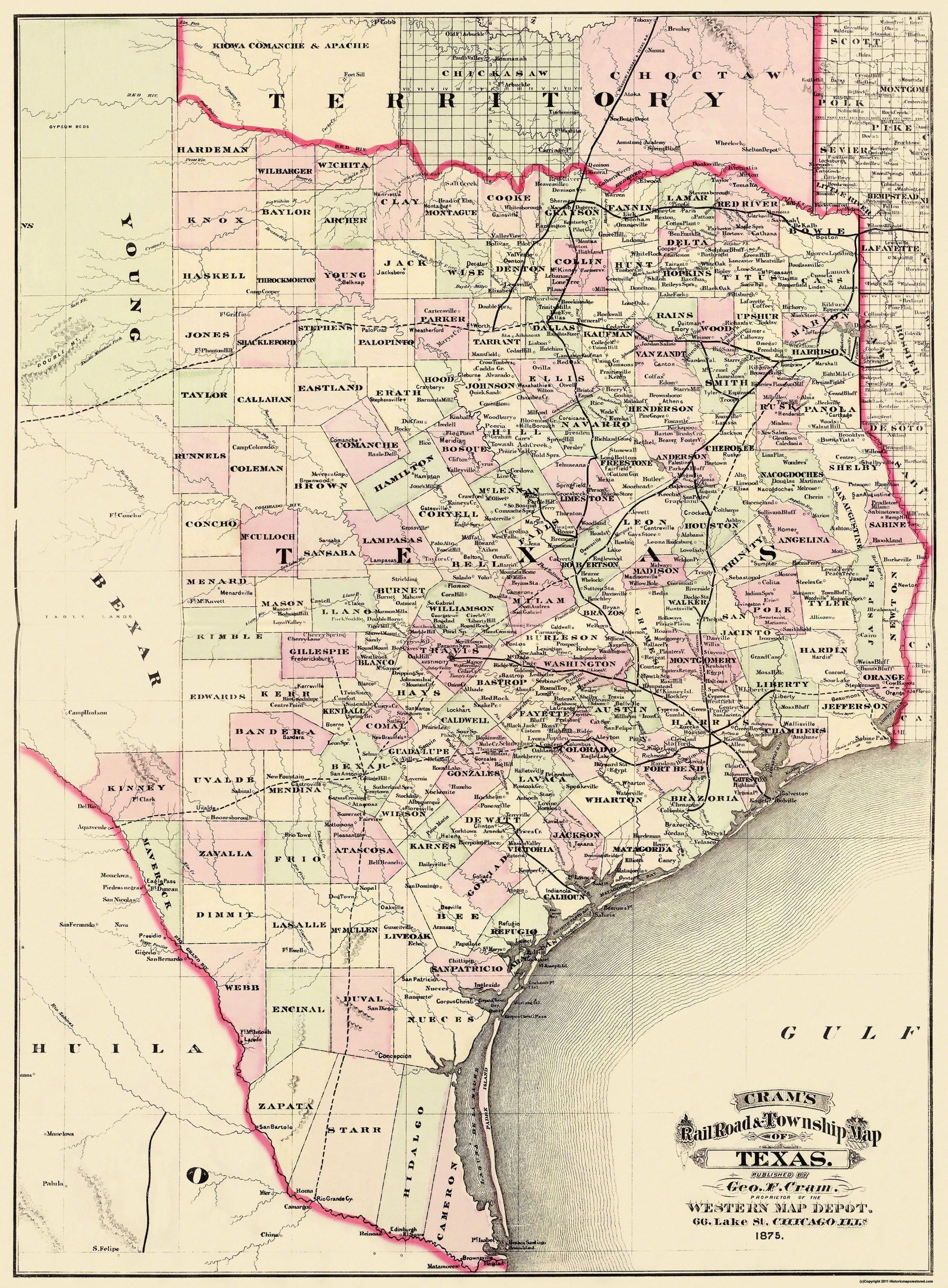 Historic State Map - Texas - Cram 1875 - Vintage Wall Art - Walmart.com