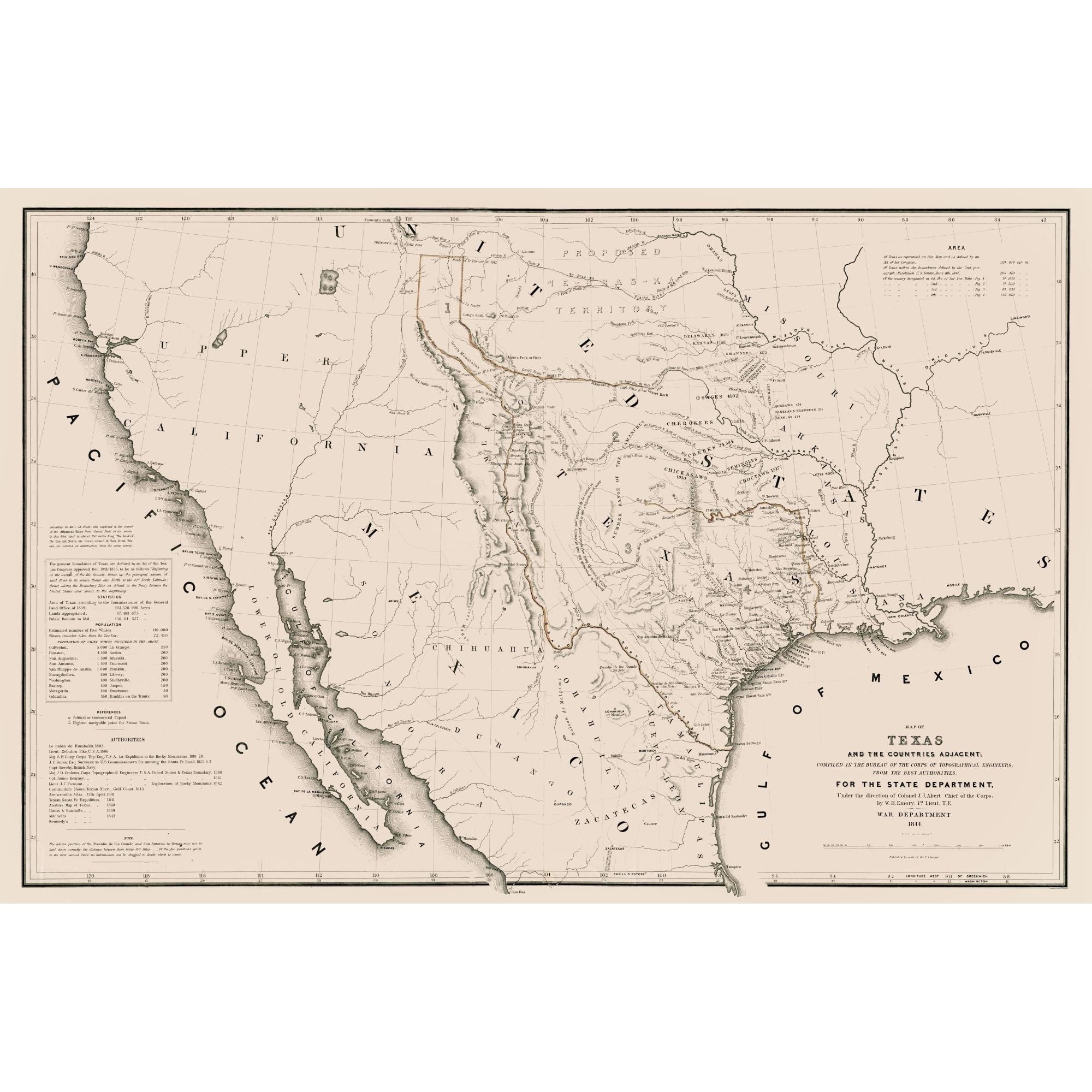 Historic State Map - Texas - Emory 1844 - 35.09 x 23 - Vintage Wall Art ...