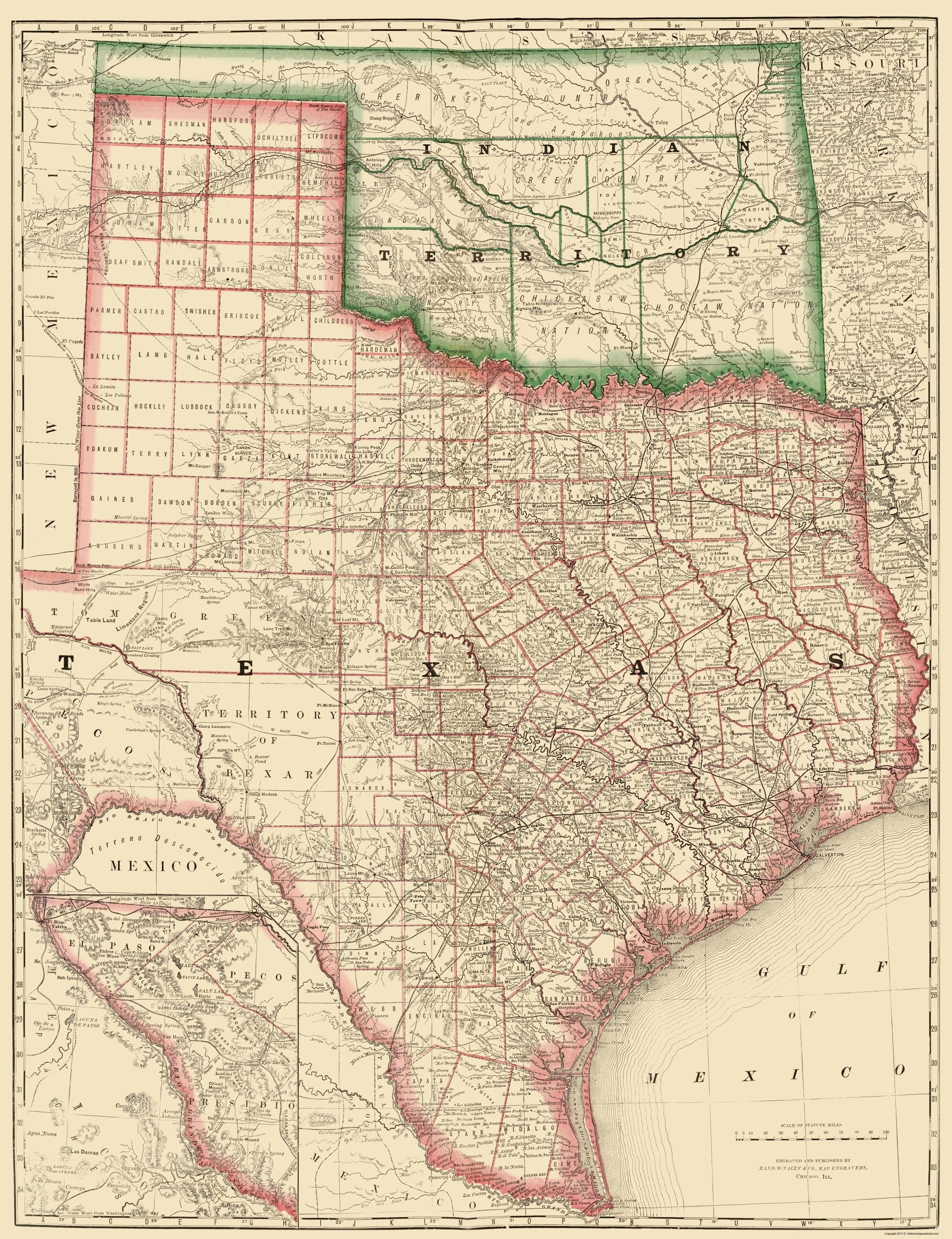 Historic State Map - Texas Indian Territory - Rand McNally 1879 - 23 x ...