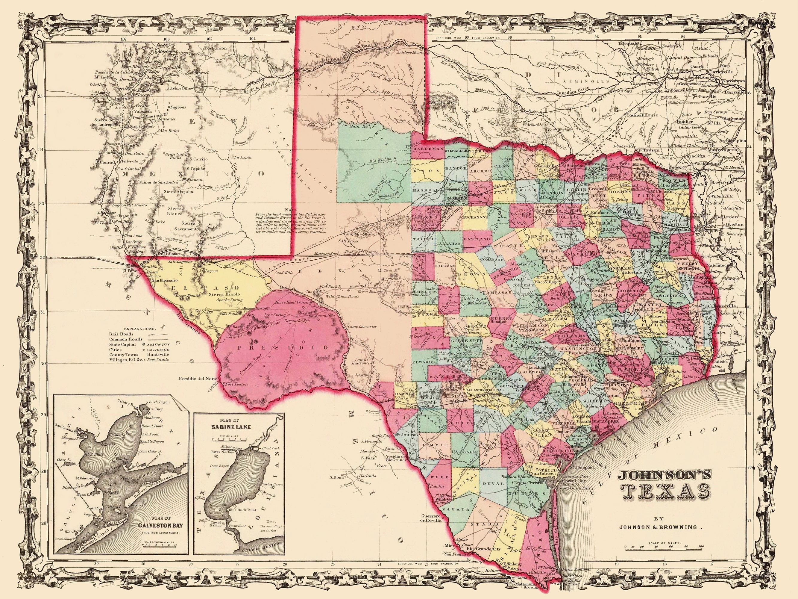 Historic State Map - Texas - Johnson 1860 - 23 x 30.66 - Vintage Wall ...