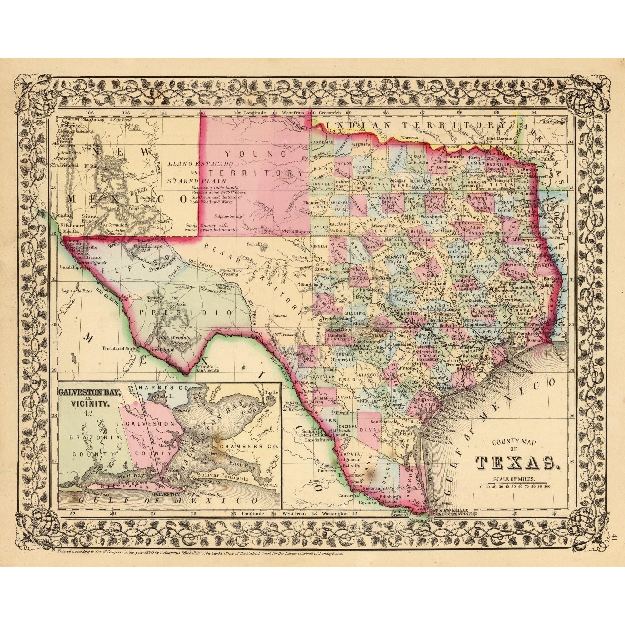Historic State Map - Texas - Mitchell 1870 - 23.20 x 23 - Vintage Wall ...