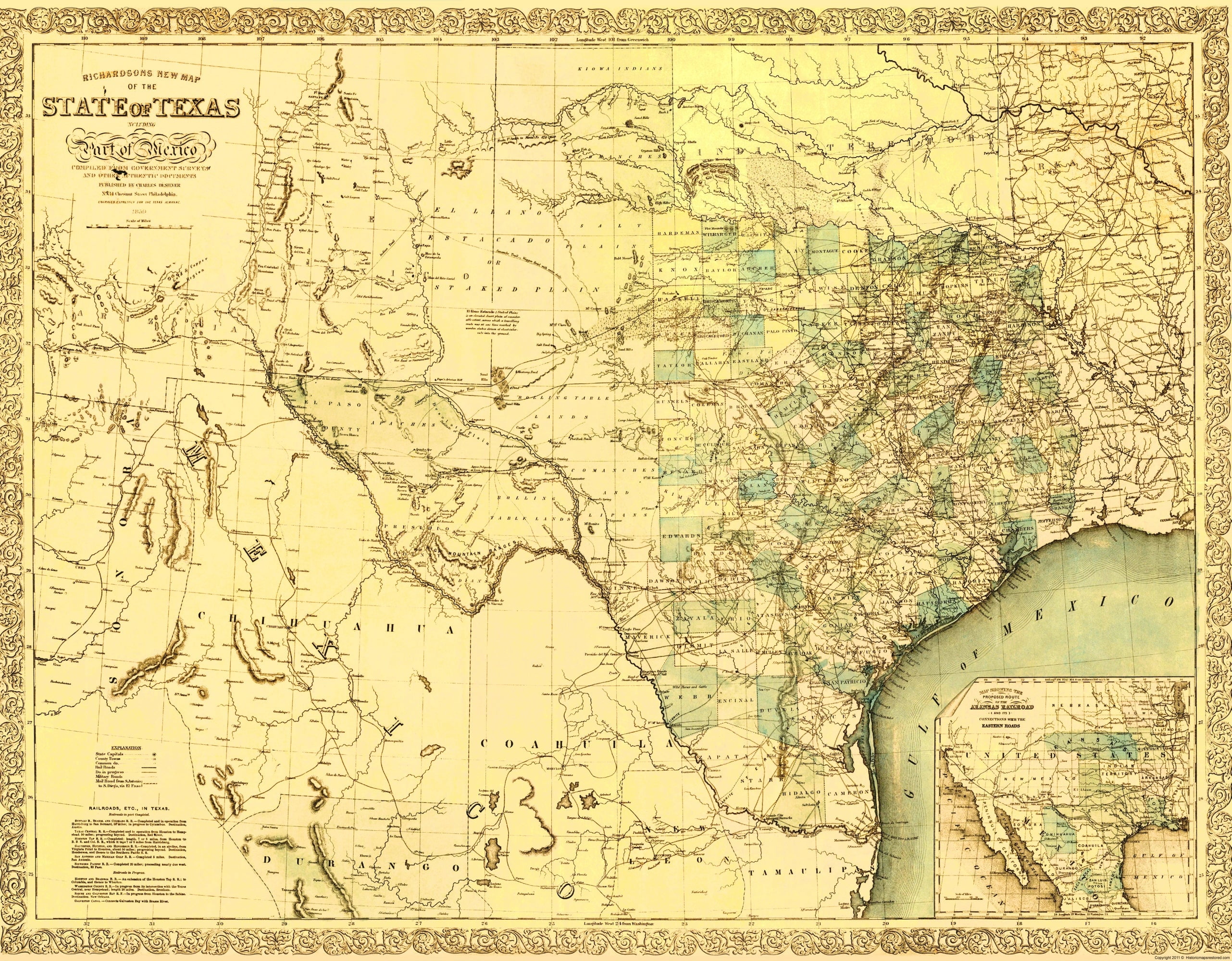 Historic State Map - Texas Northern Mexico - Desilver 1859 - 23 x 29 ...