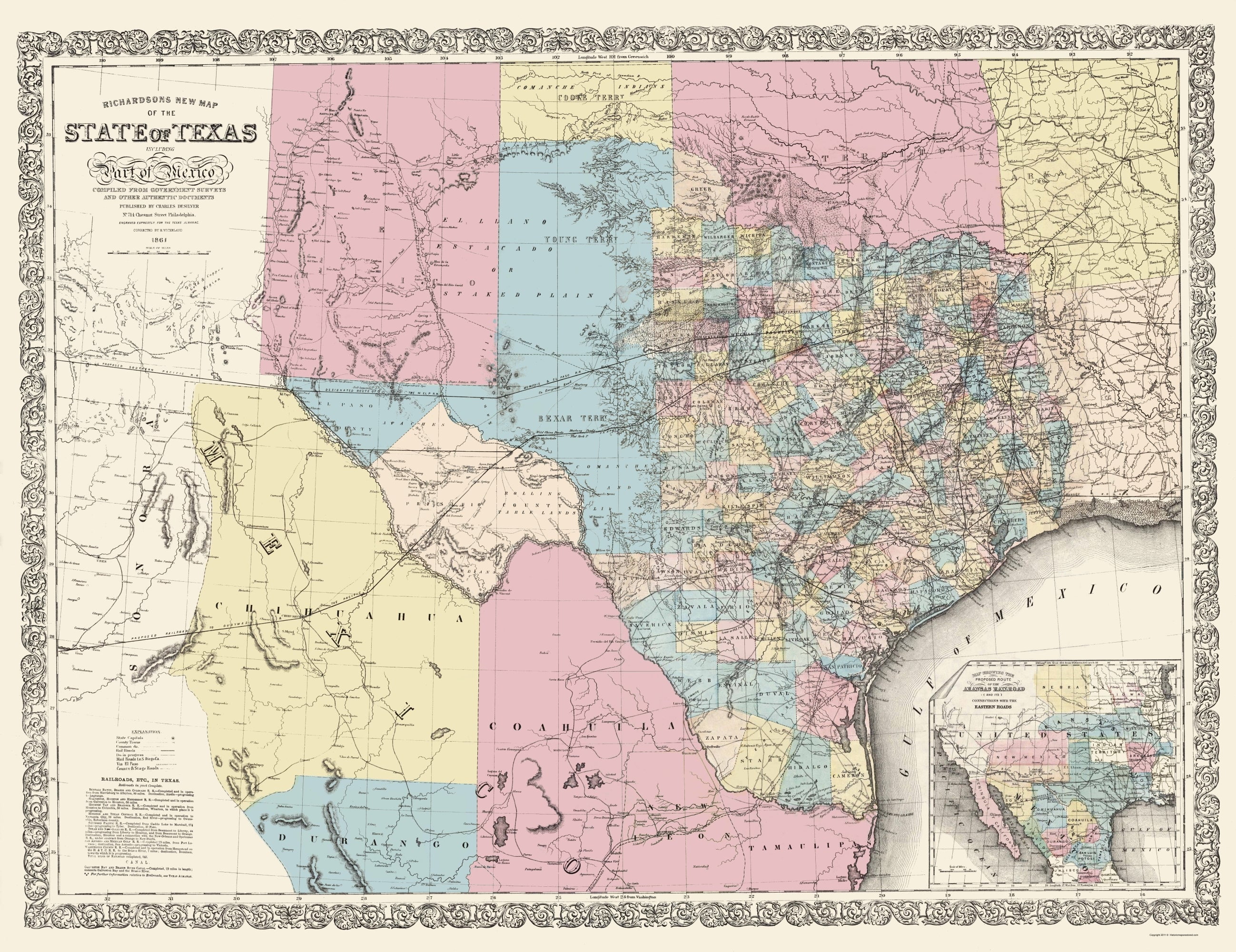 Historic State Map - Texas Part of Mexico - Desilver 1861 - 23 x 29.87 ...