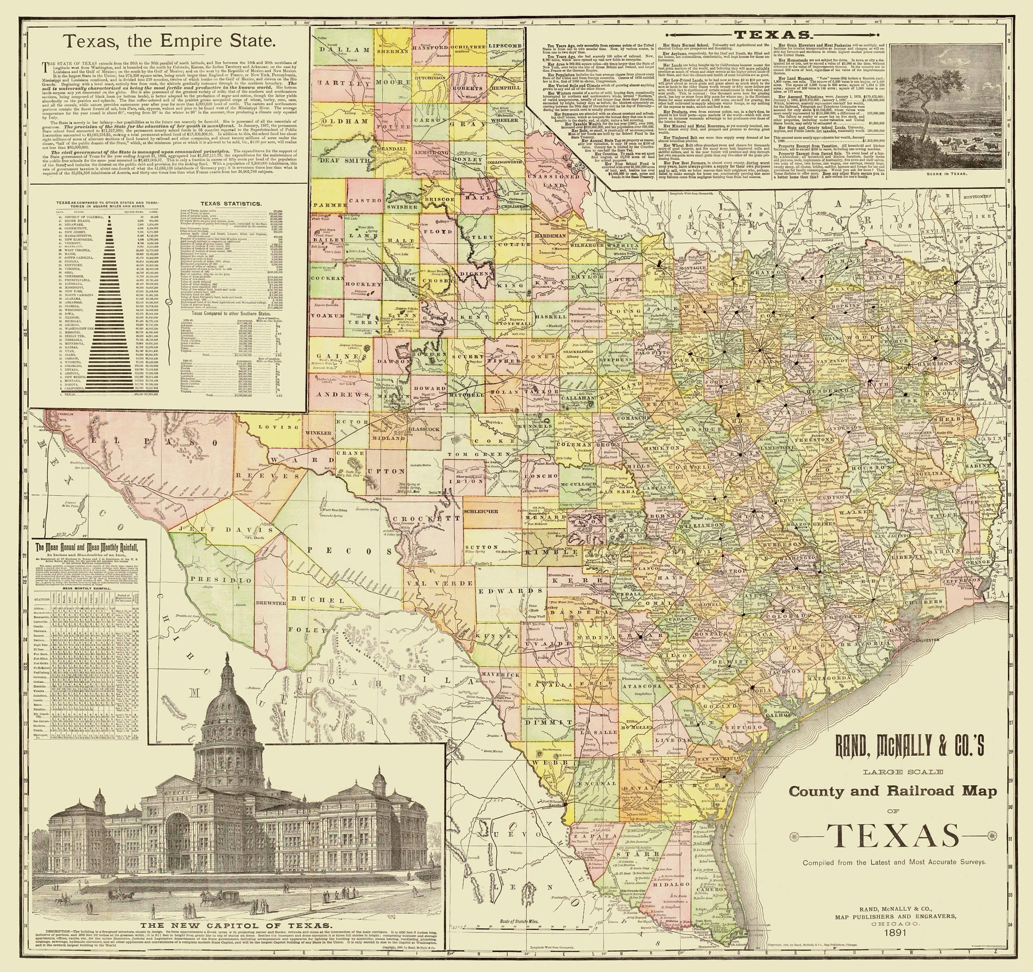 Historic State Map - Texas - Rand McNally 1891 - 23 x 24.45 - Vintage ...