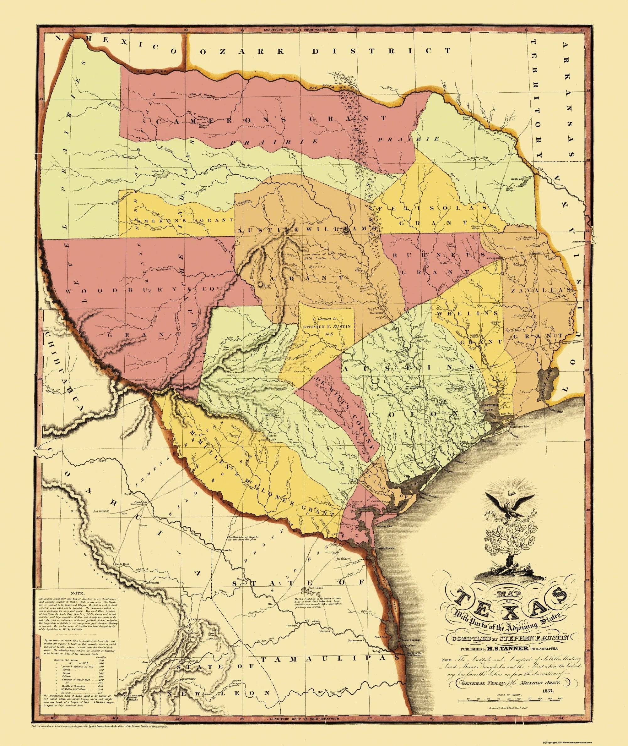 Historic State Map - Texas - Tanner 1837 - Vintage Wall Art - Walmart.com
