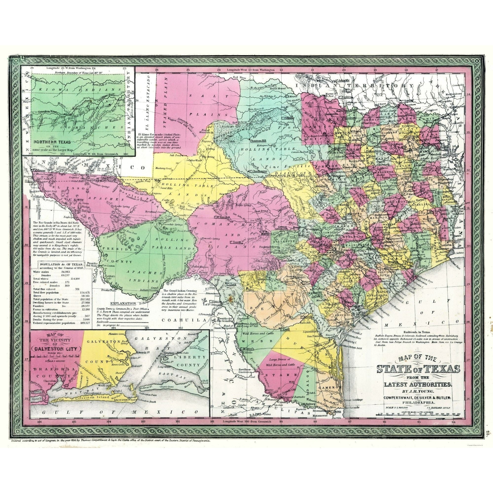 Historic State Map - Texas - Young 1850 - 28.16 x 23 - Vintage Wall Art ...