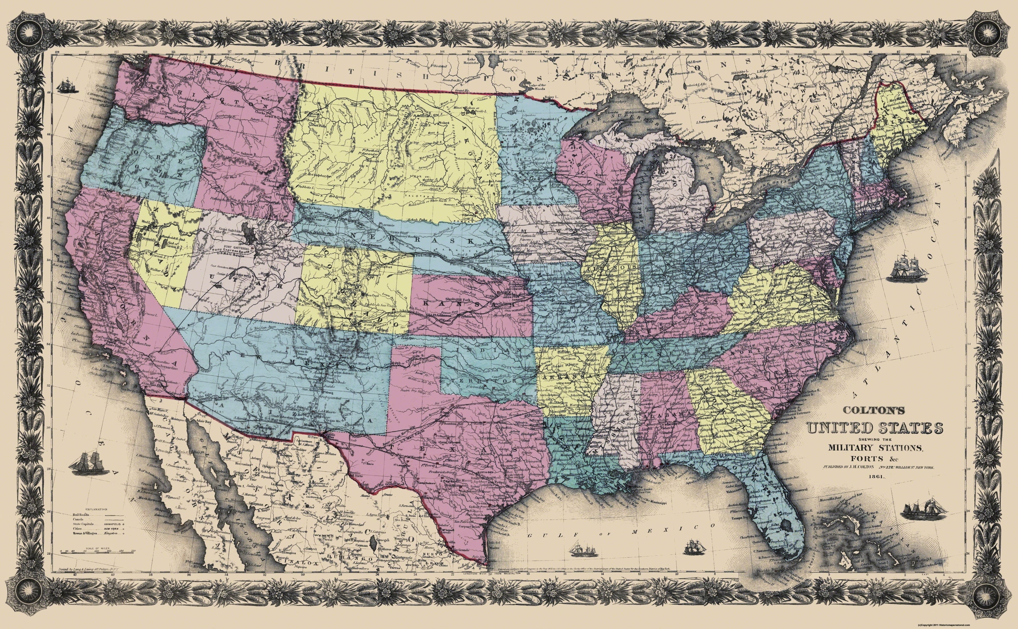 Historic State Map - United States Military Stations Forts - Colton ...