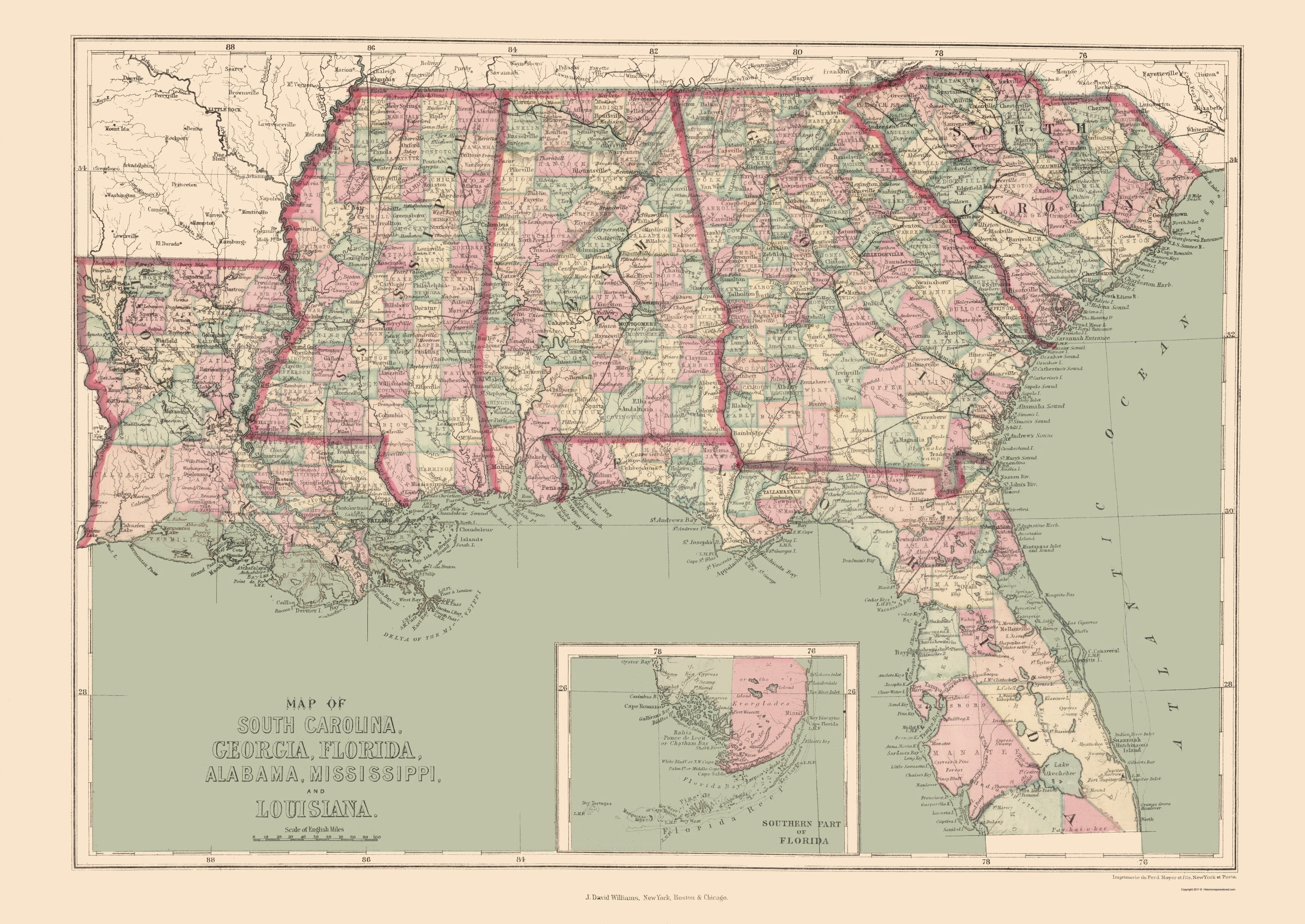 Historic State Map - United States Southeastern - Williams 1873 - 23 x ...