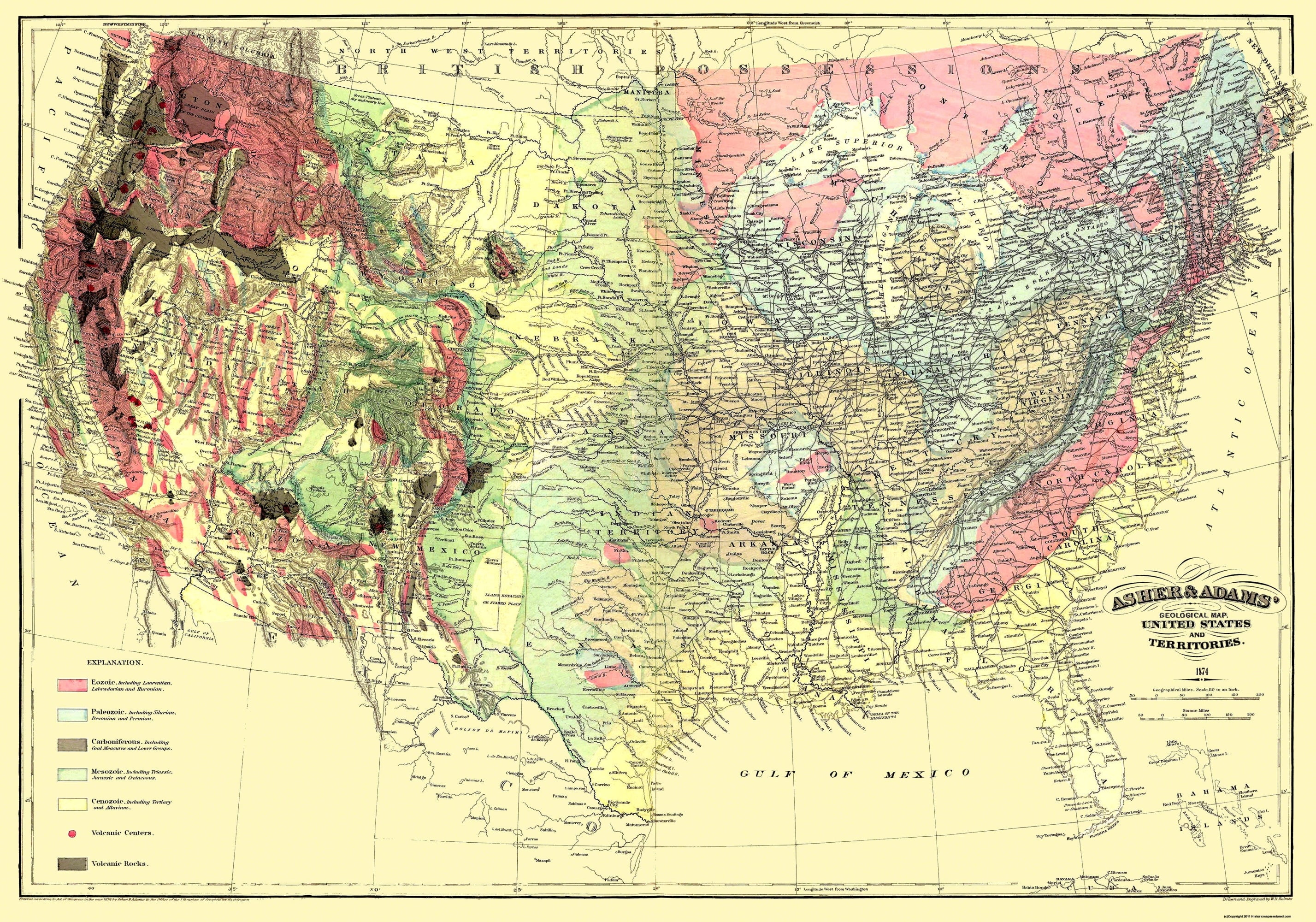 Historic State Map - United States Territories Geological - Asher 1874 ...