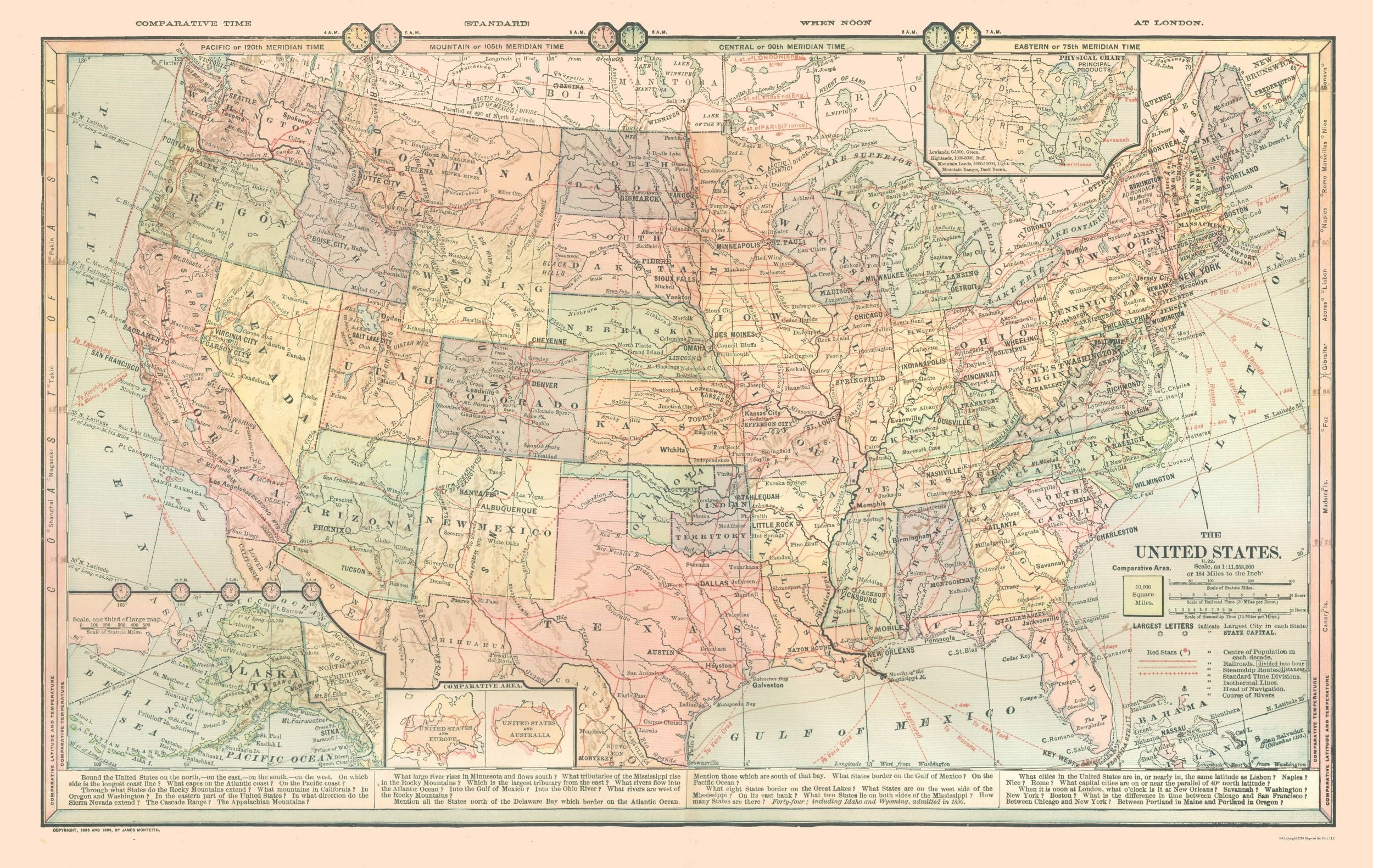 Historic State Map - United States Time Zones - Monteith 1882 - 36.37 x ...