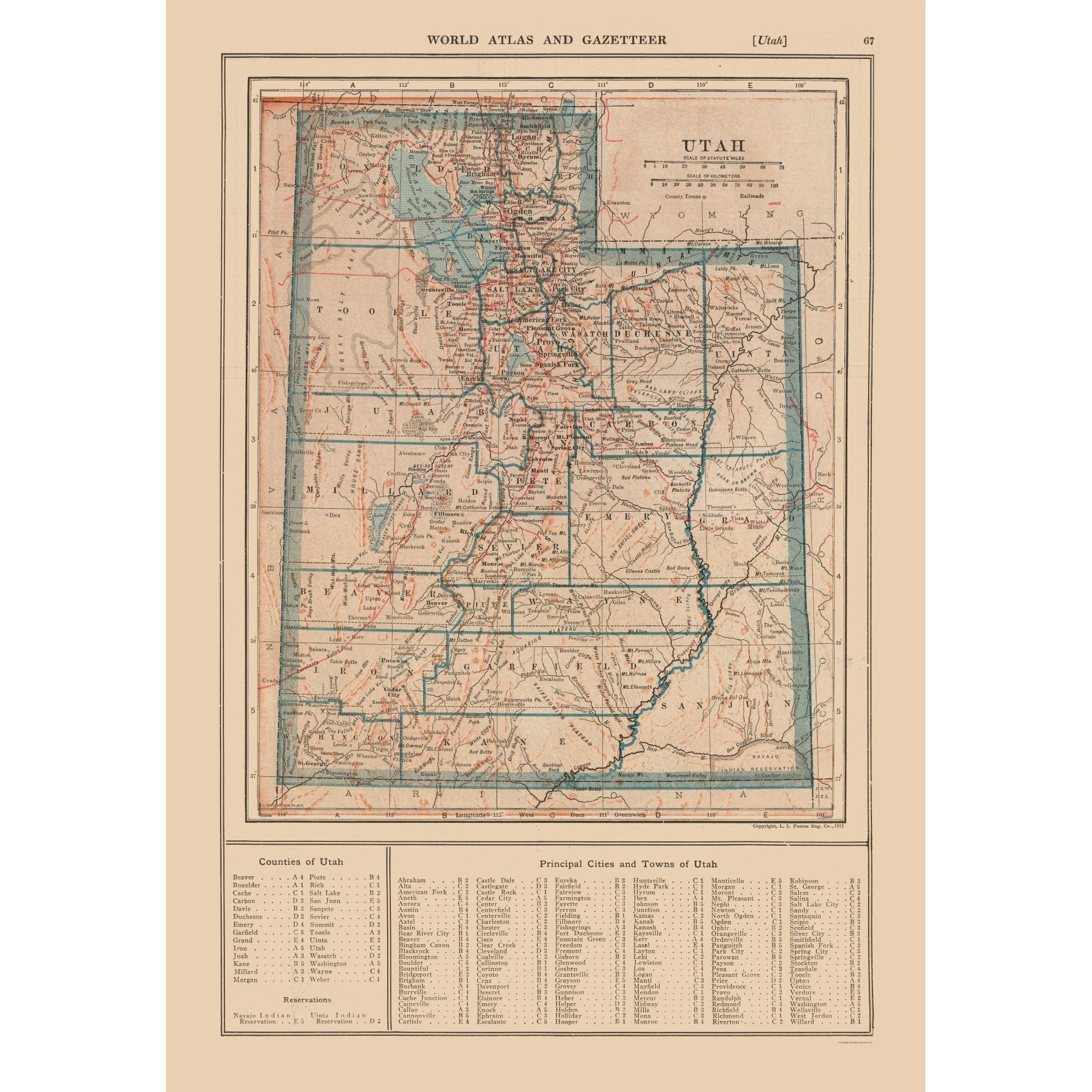 Historic State Map - Utah - Reynold 1921 - Vintage Wall Art - Walmart.com