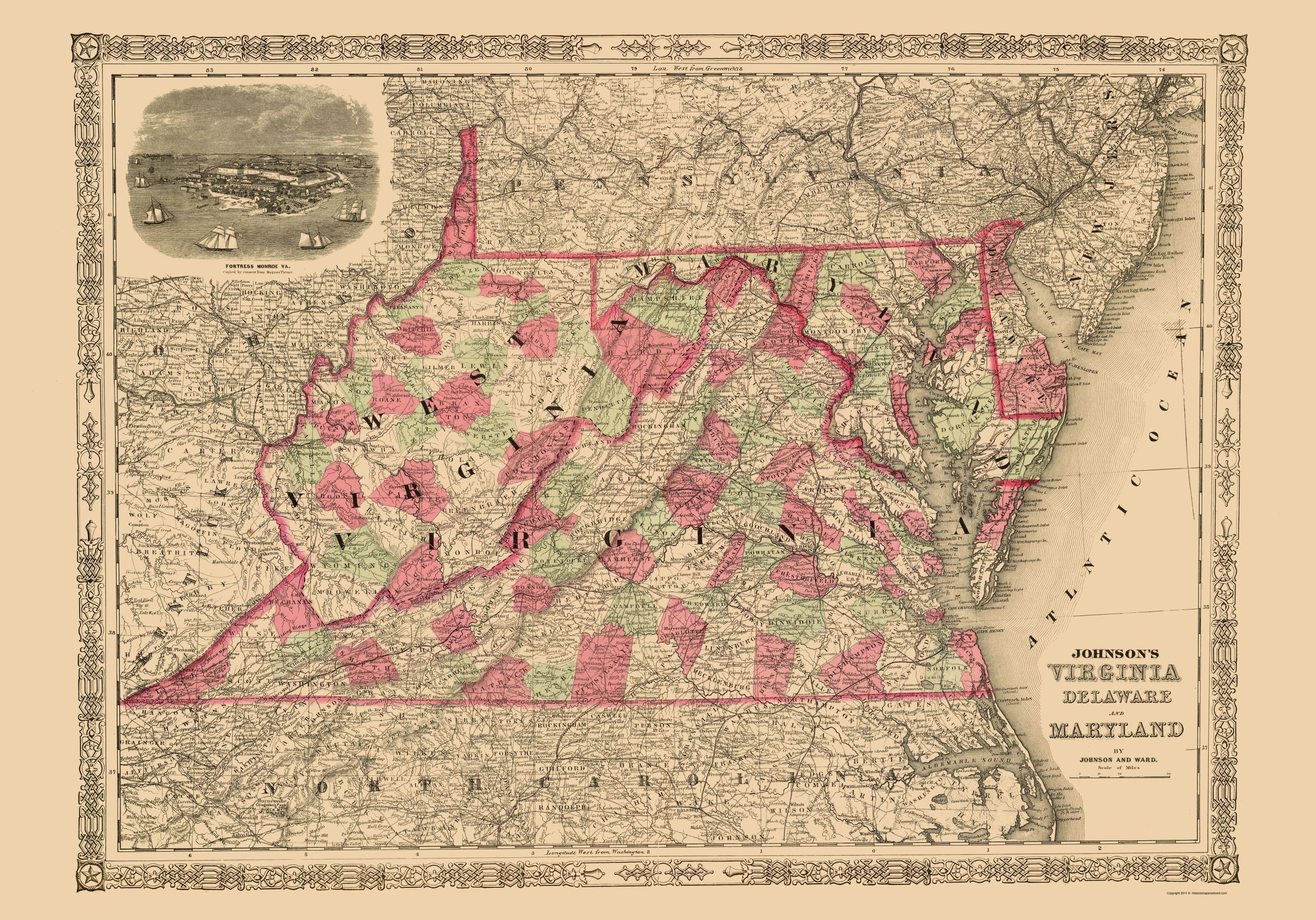 Historic State Map - Virginia Maryland Delaware - Johnson 1864 - 23 x ...