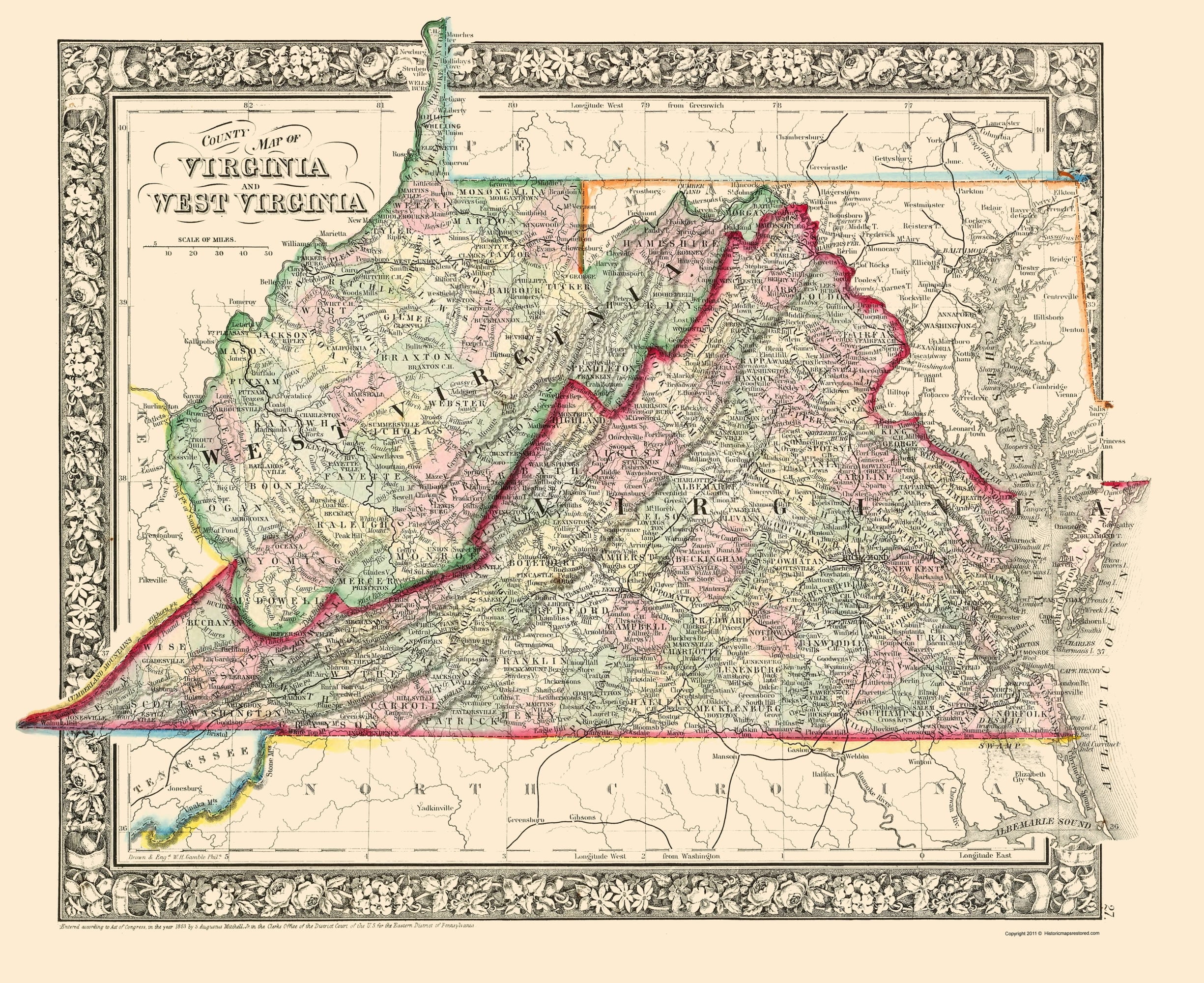 Historic State Map - Virginia West Virginia Counties - Mitchell 1863 ...