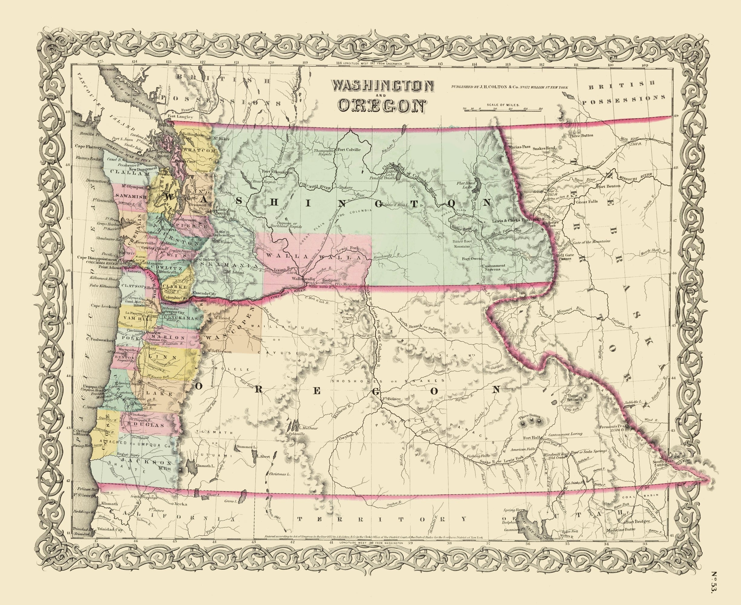 Historic State Map - Washington Oregon - Colton 1853 - 23 x 28.18 ...