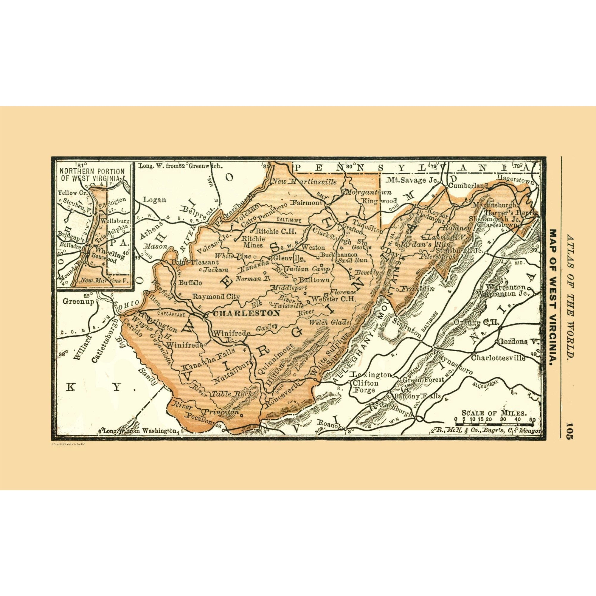 Historic State Map - West Virginia - Alden 1886 - Vintage Wall Art ...