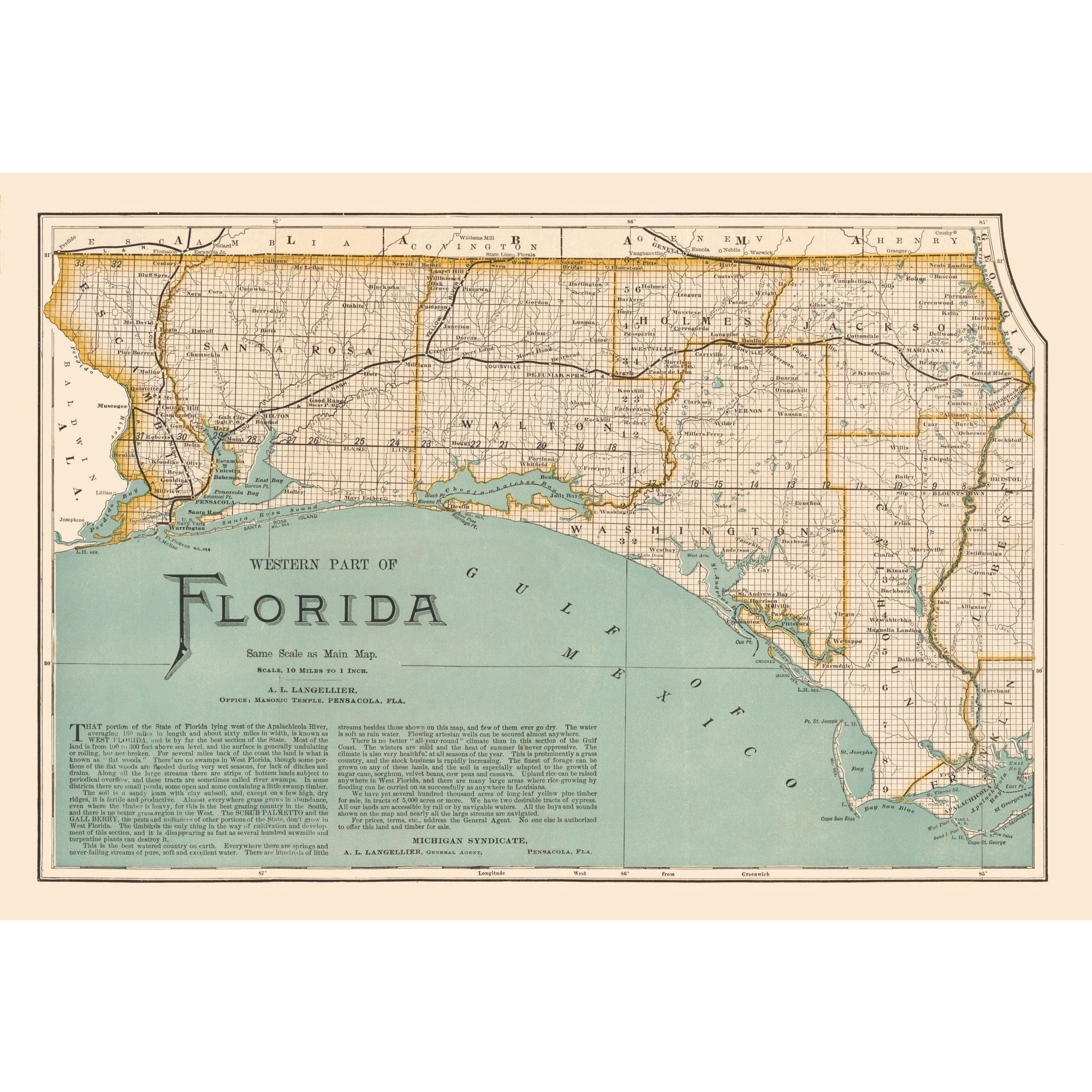 Historic State Map - Western Florida - Langellier 1890 - Vintage Wall ...
