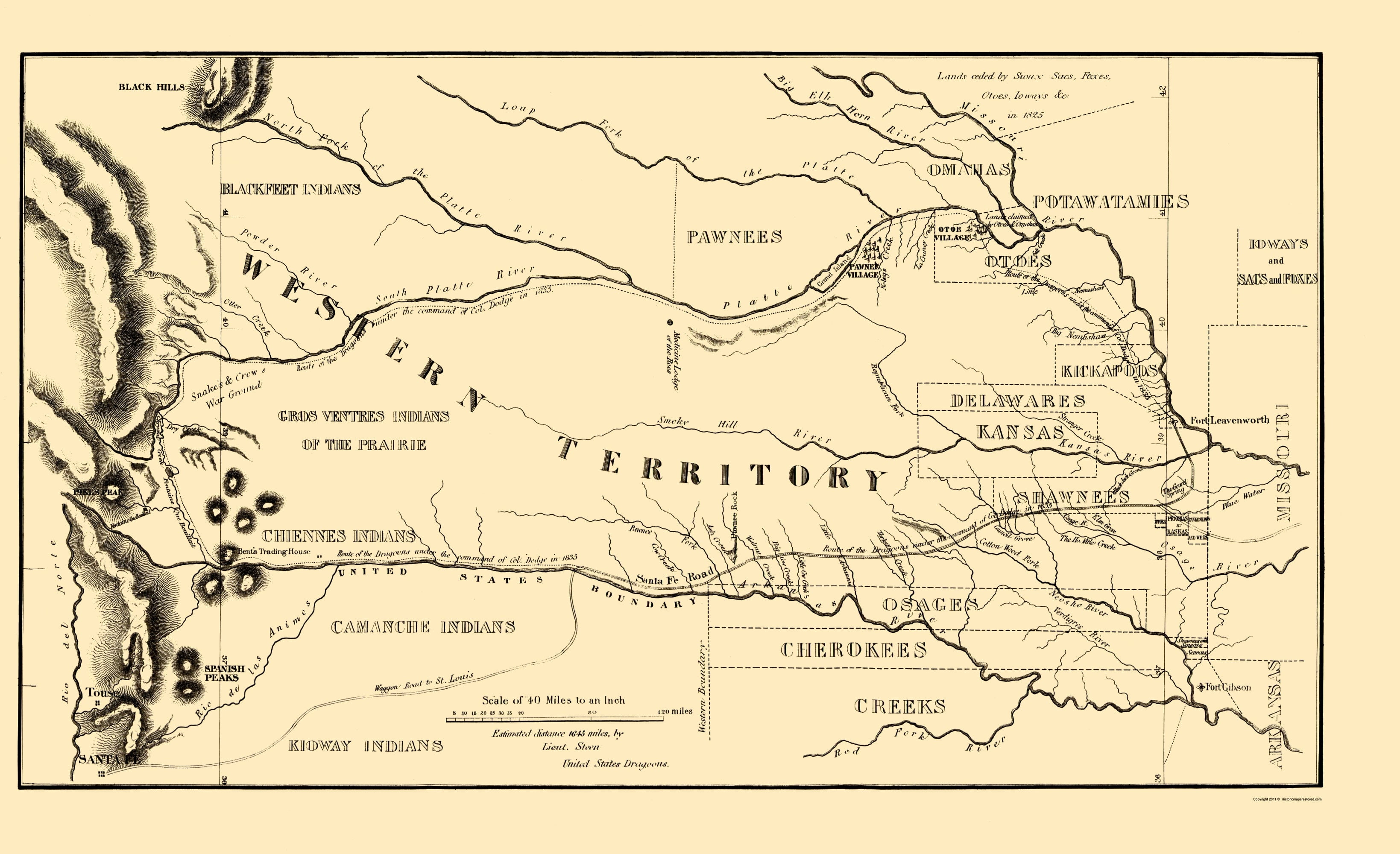 Historic State Map - Western Territory Indian Lands - Dodge 1835 - 23 x ...
