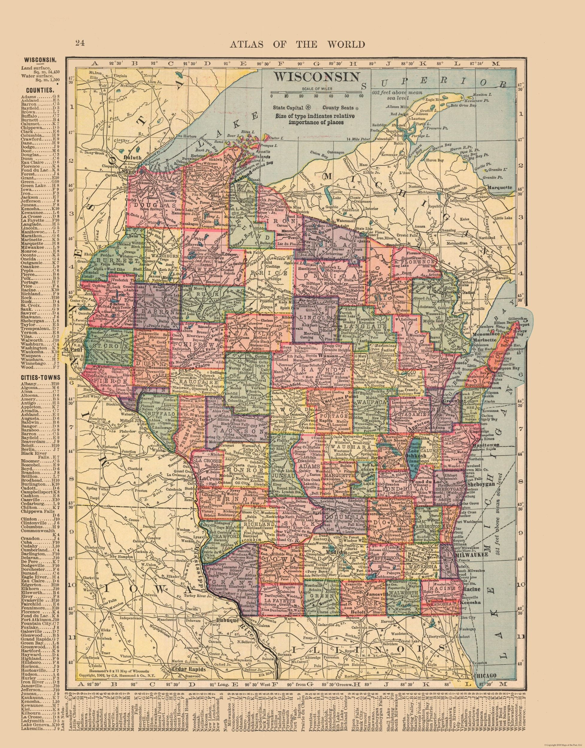Historic State Map - Wisconsin - Hammond 1910 - 23 x 29.43 - Vintage ...