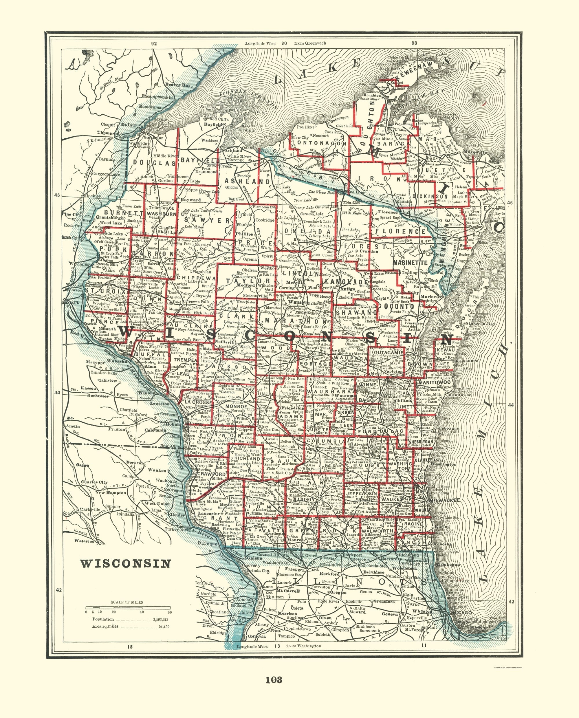 Historic State Map - Wisconsin - Rathbun 1893 - 23 x 28.52 - Vintage ...