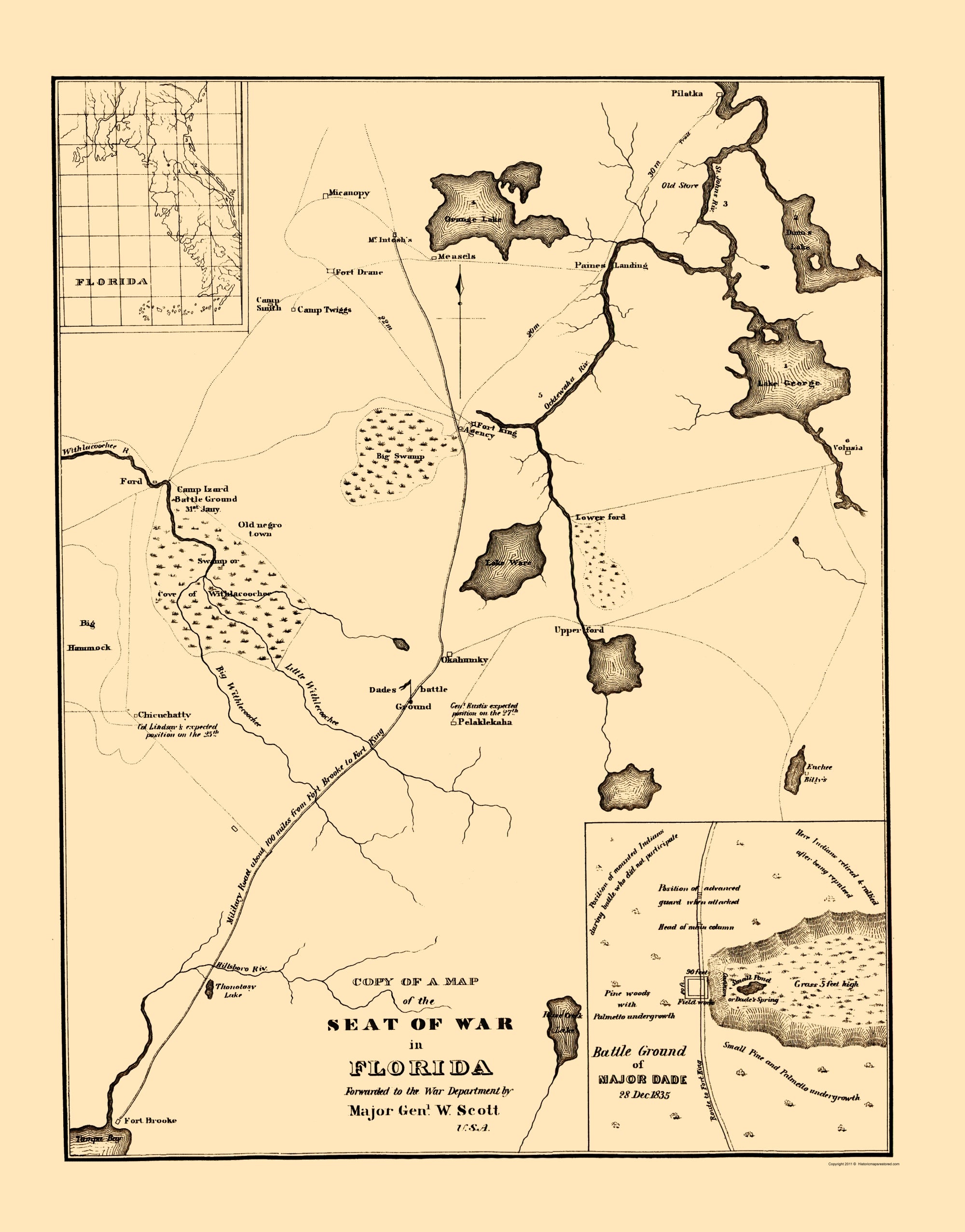 Historic War Map - Florida Seminole Wars- Florida East Coast 1836 - 23 ...