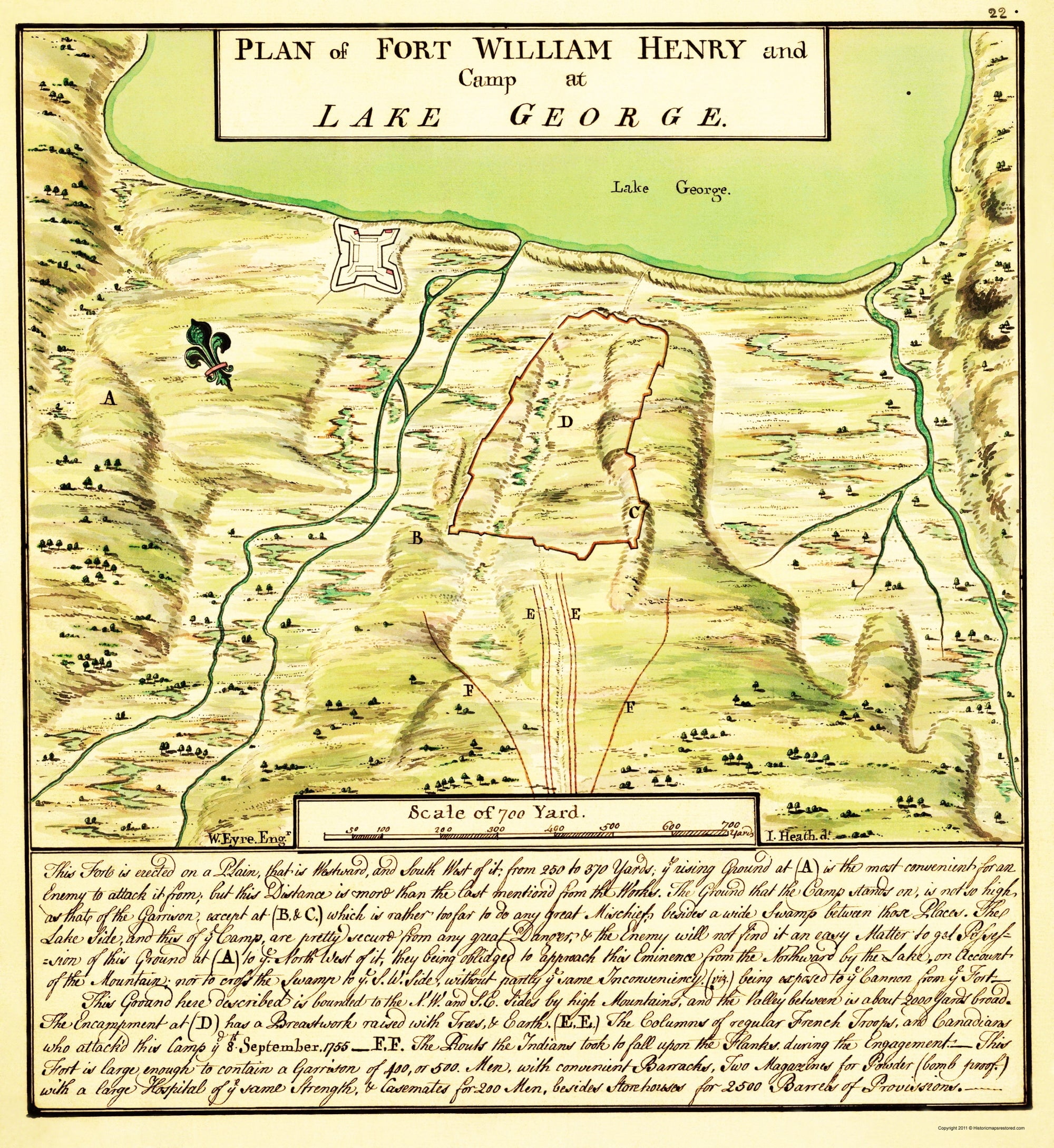 Historic War Map - Fort William Henry Lake George Plan - Eyre 1750 - 23 ...