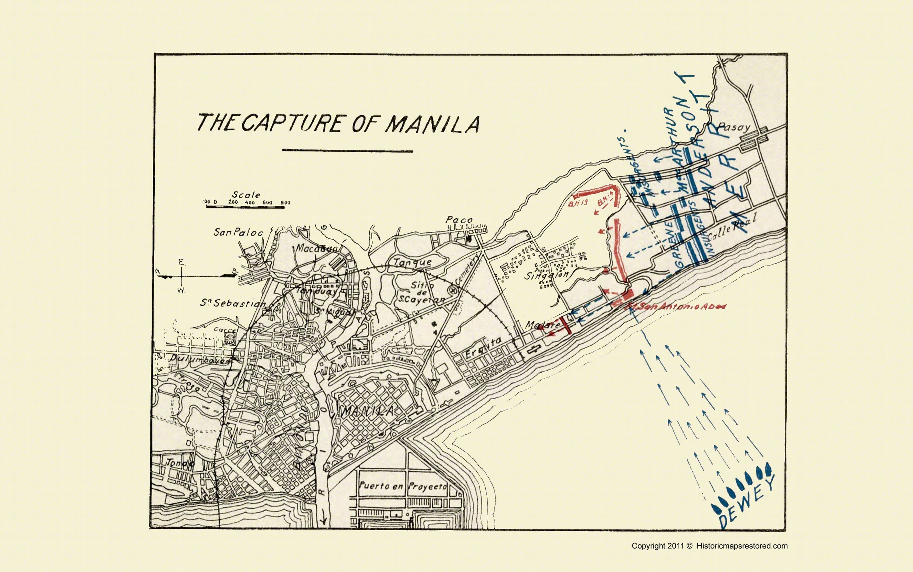 Historic War Map - Manila Philippines Capture - Dewey 1898 - 23 x 36.72 - Vintage Wall Art ...