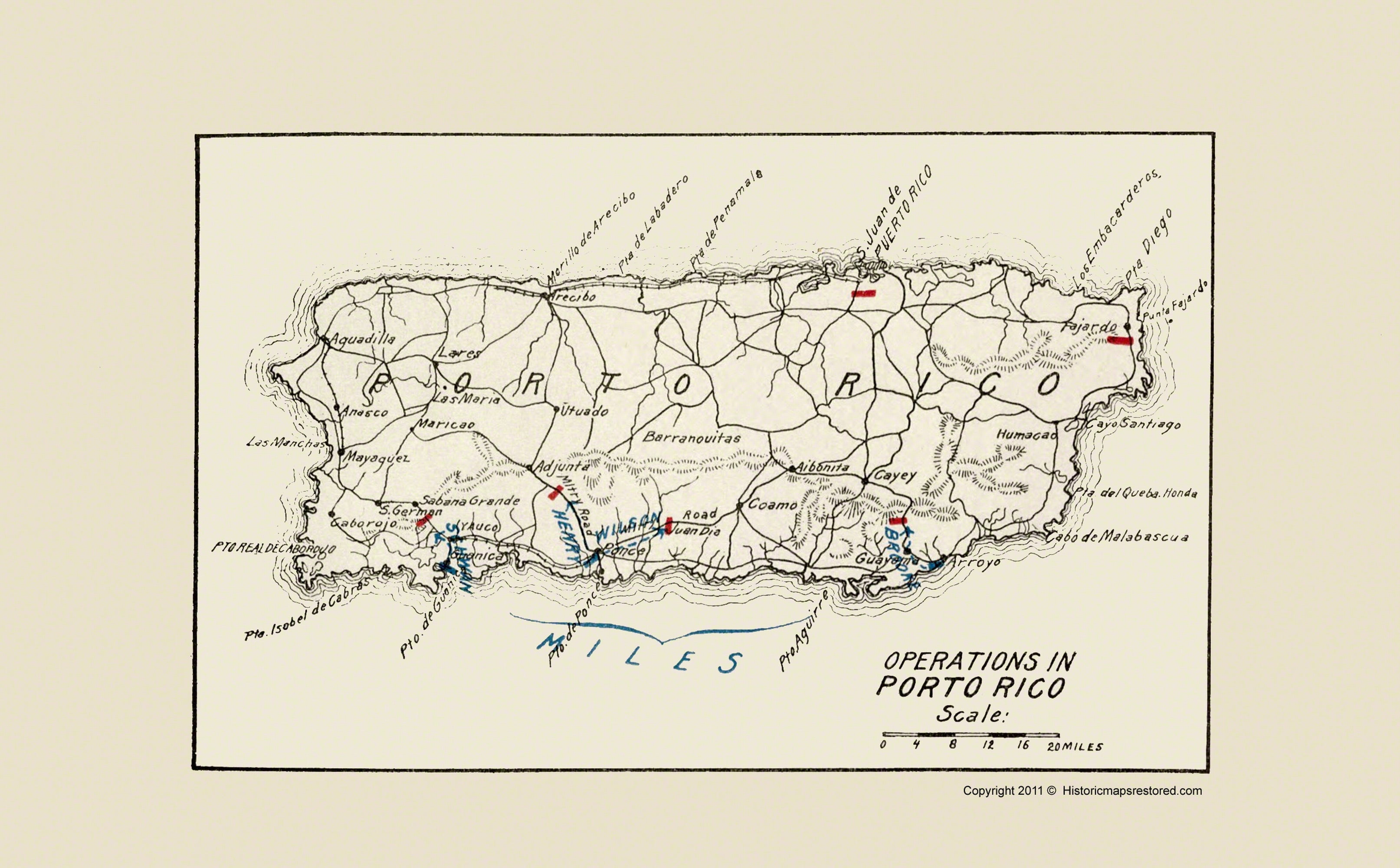 Historic War Map - Puerto Rico Operations Spanish American War - 1898 ...