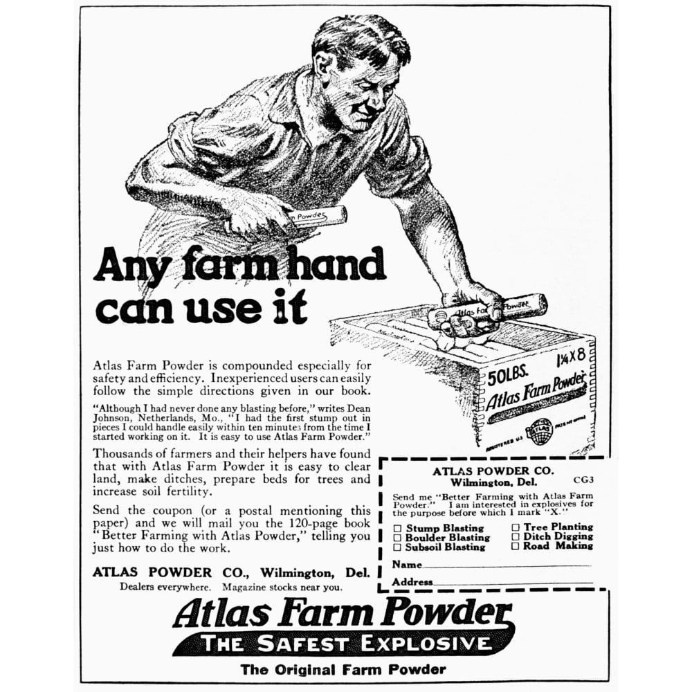 Historic advertisement of Atlas Farm Powder "The Safest Explosive" with ...
