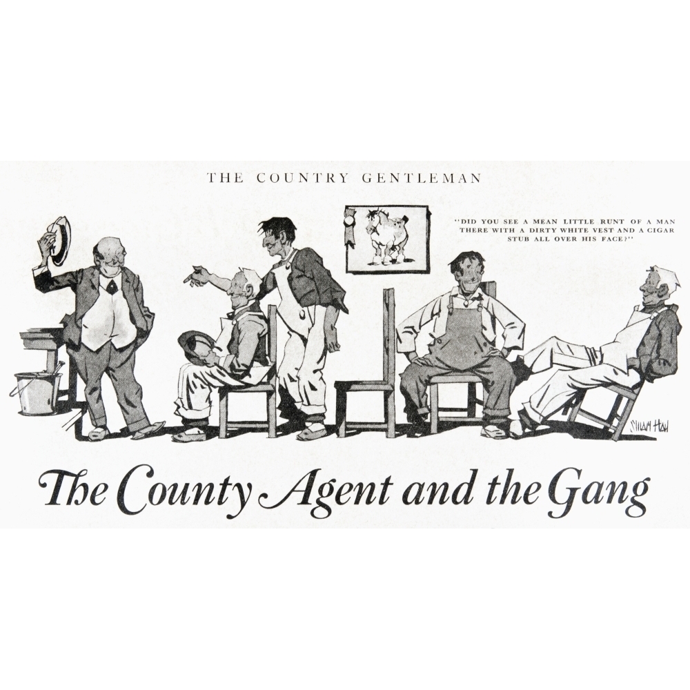 Historic illustration of extension county agent with group of farmers ...